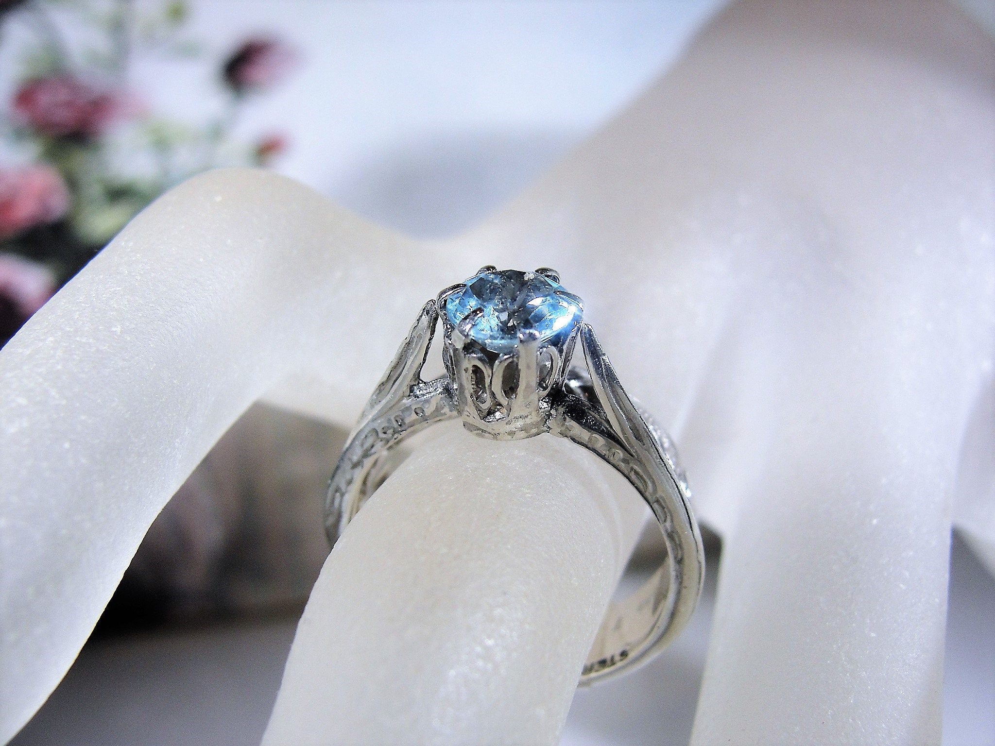 Victorian Sterling Silver Light Blue Topaz Bridal Ring Set, 1 CT Blue ...