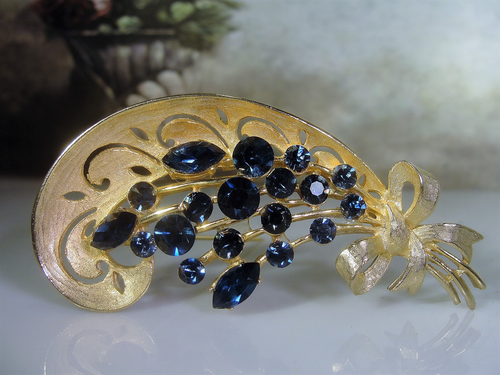 Flower Bouquet Brooch, Vintage WEISS Blue Sapphire Colored Marquise ...