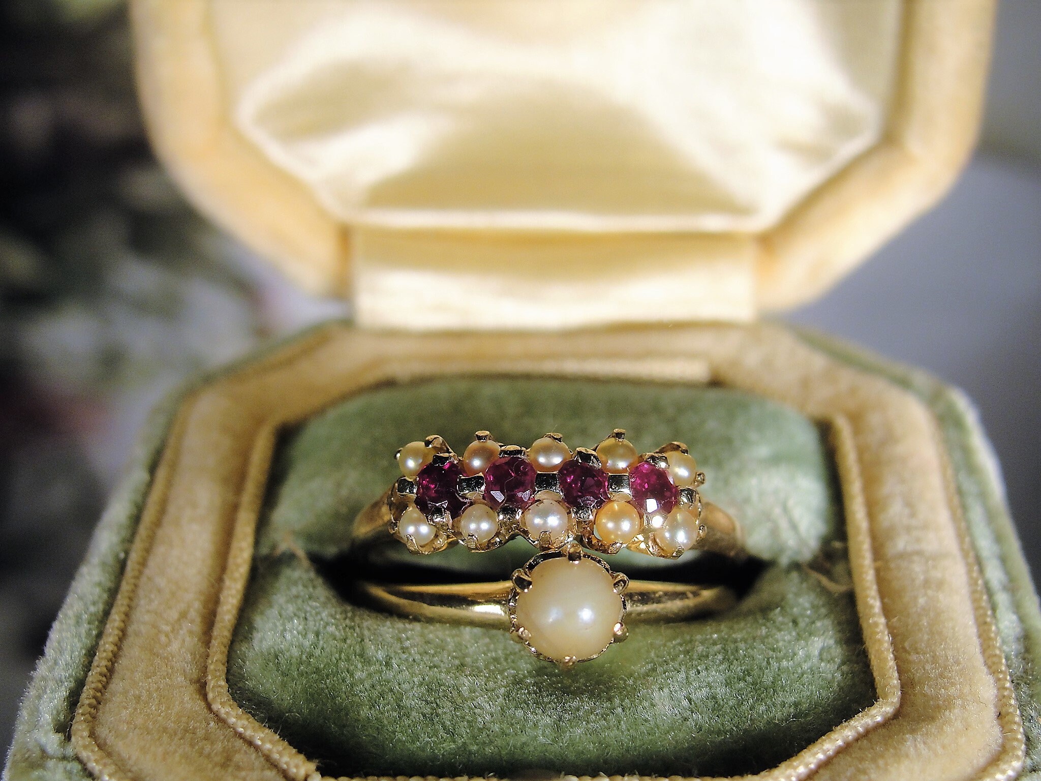 Reserved for Tracie: 14K Victorian Bridal Ring Set, Pearl Ruby Wedding ...
