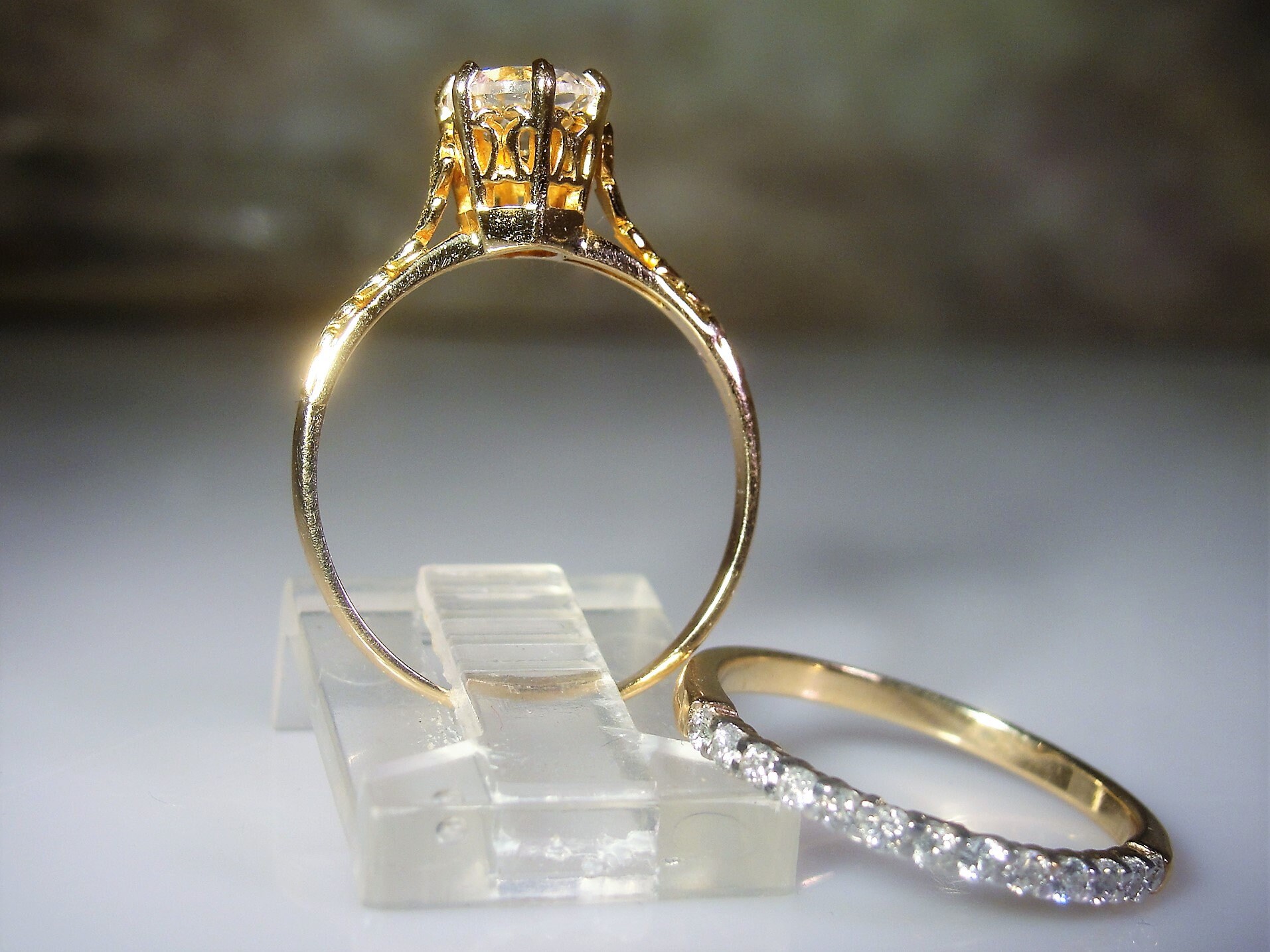 Bridal Rings, 10K Victorian Ring Set, White Sapphire & Diamond Ring Set ...