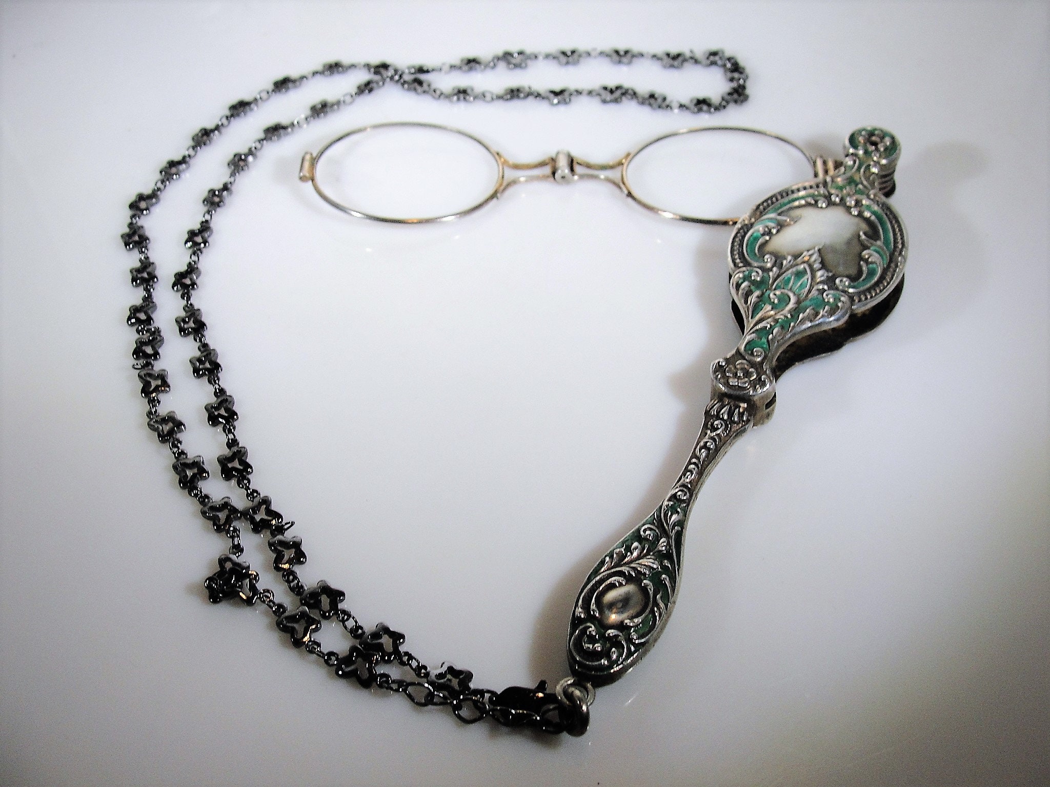 Antique Lorgnette, Victorian Sterling Silver Green Enamel Embellished ...