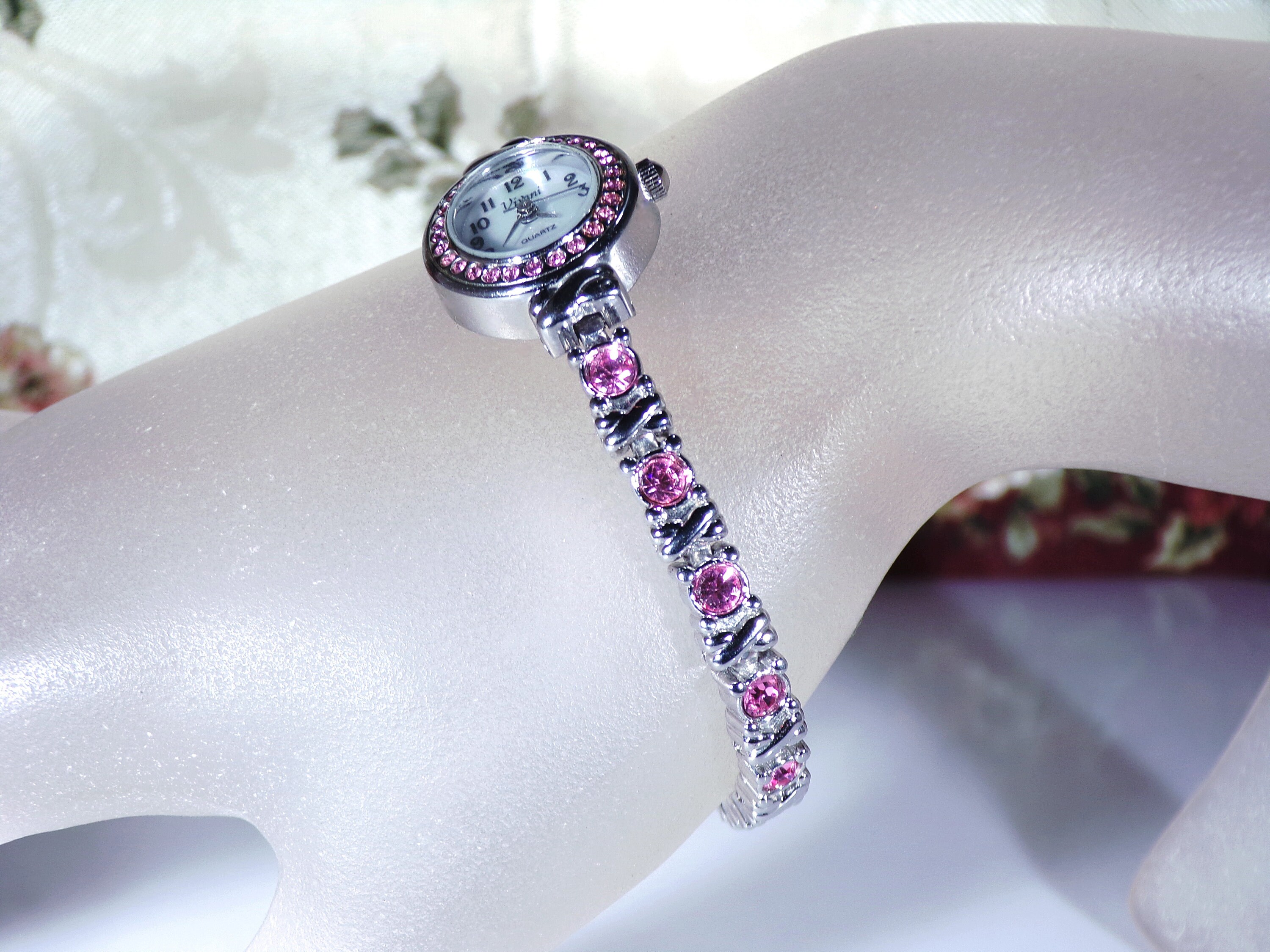 VIVANI Women’s Wrist Watch, Pink Rhinestone Watch with White Gold ...