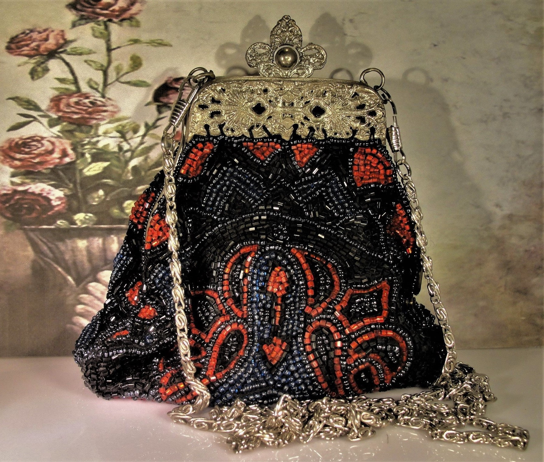 Beaded Purse, Victorian Revival Black Blue and Dark Red Beaded Evening ...