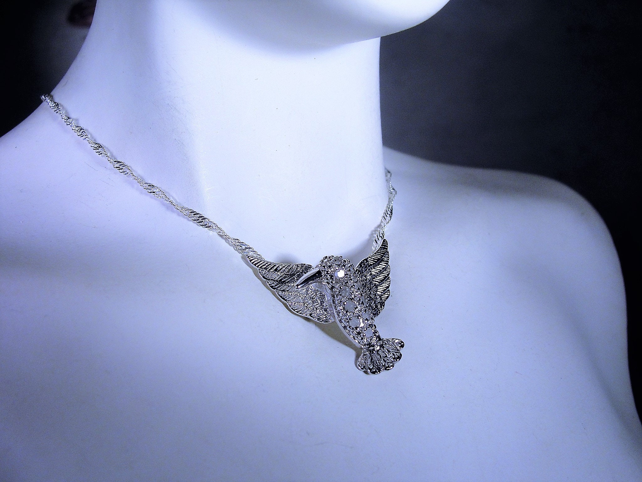 Vintage Sterling Silver Diamond Hummingbird Necklace / Pendant, .10 CTW ...