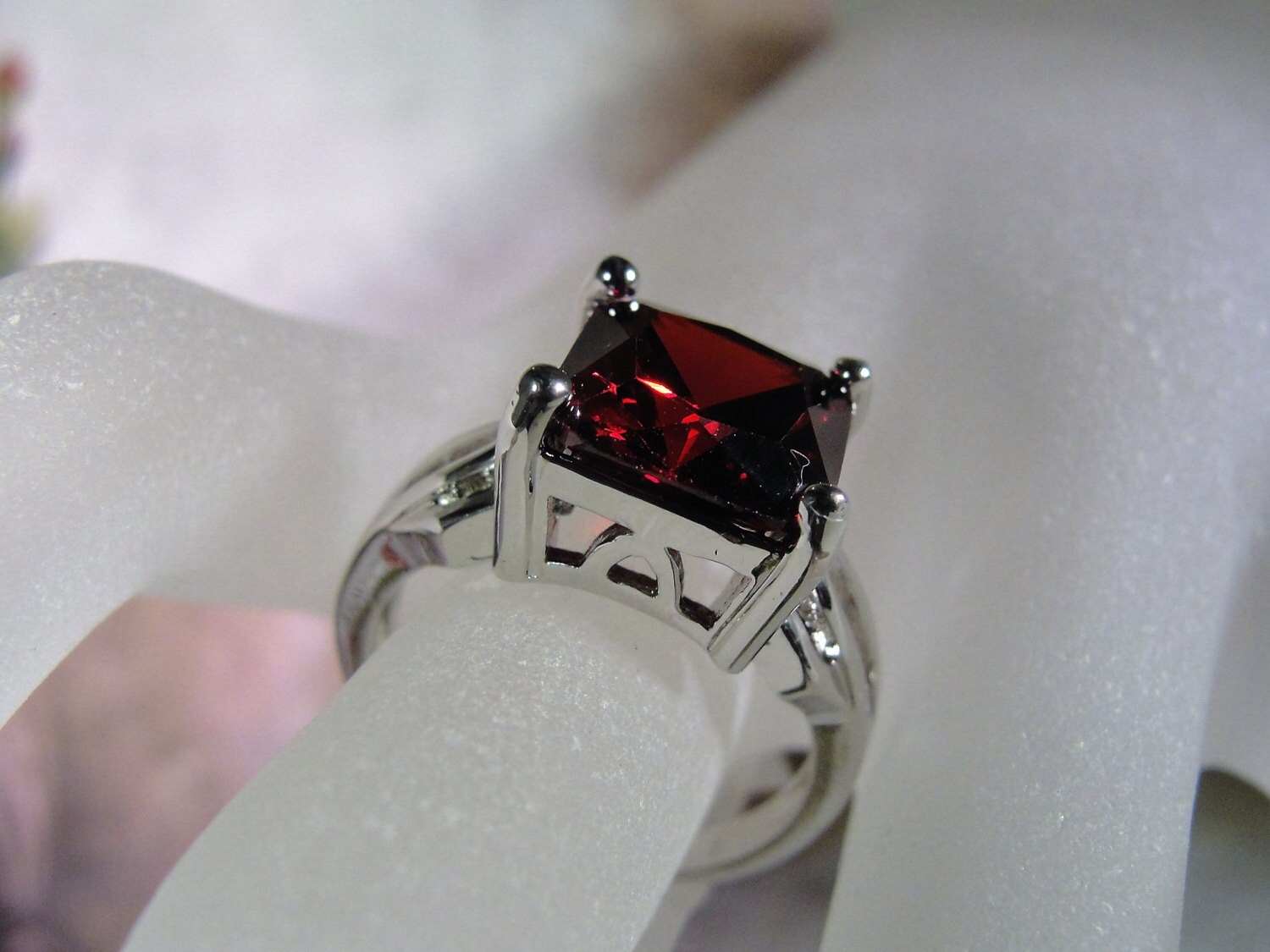 Red Square CZ Ring, Sterling Silver Ring, Square Cut Red Cubic Zirconia ...
