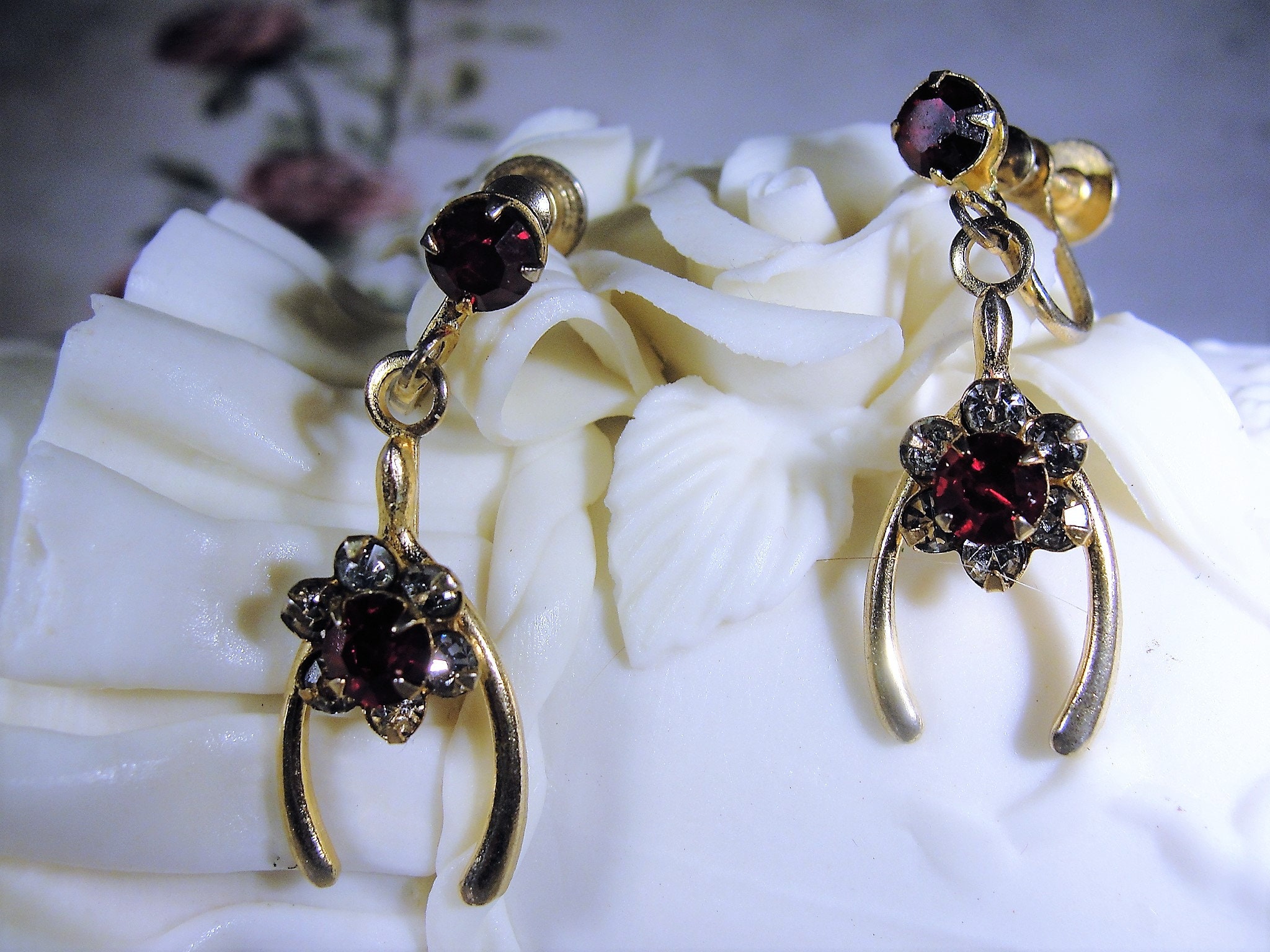 Screw Back Earrings, Wishbone Flower Gold Tone Earrings, Ruby Colored ...