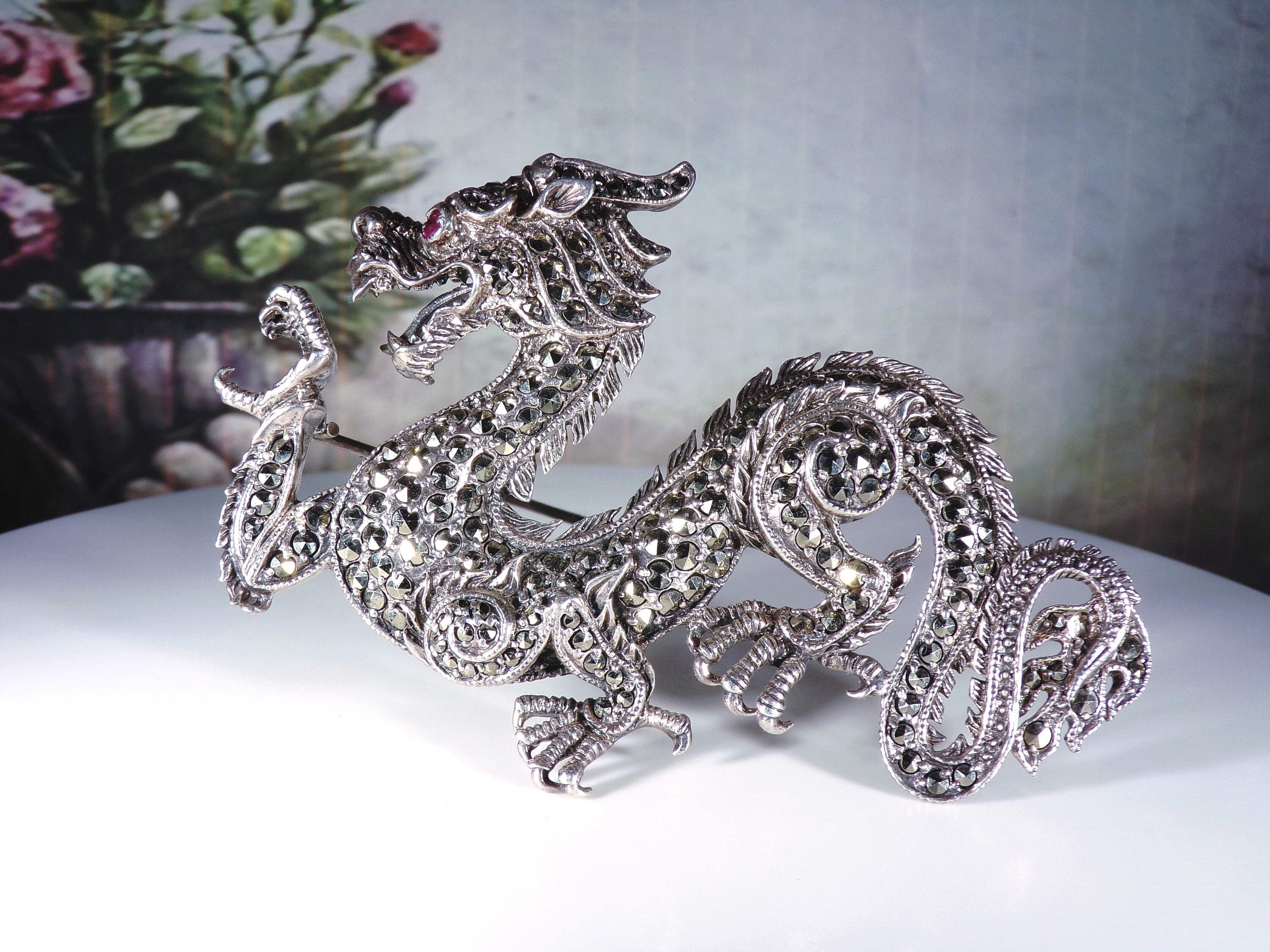Large Sterling Silver Marcasite Dragon Brooch – Genuine Ruby Gemstone for the Eye - Asian Style ...