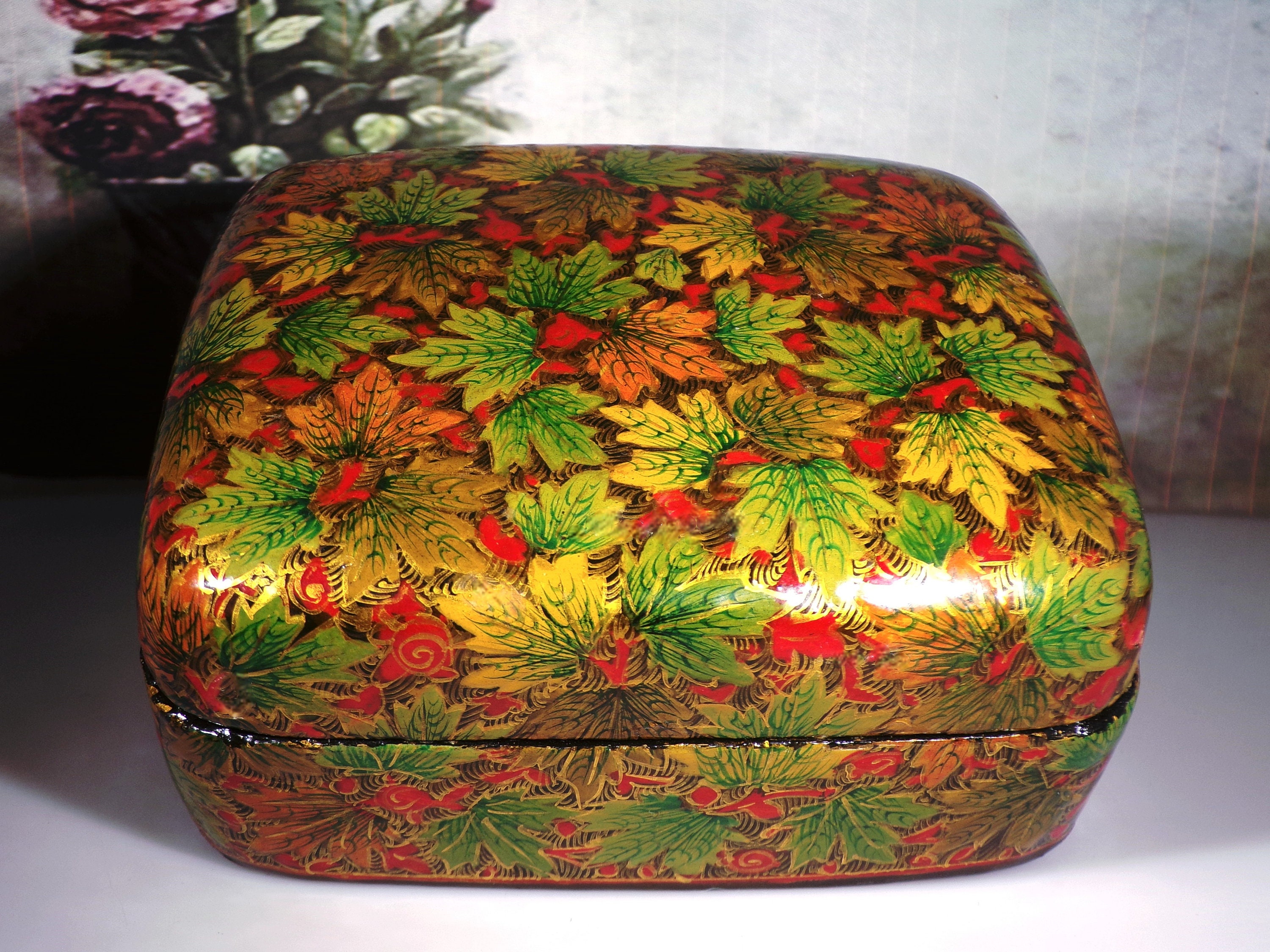 Vintage Kashmir Rectangular Trinket Box with Autumn Leaves and Gold ...