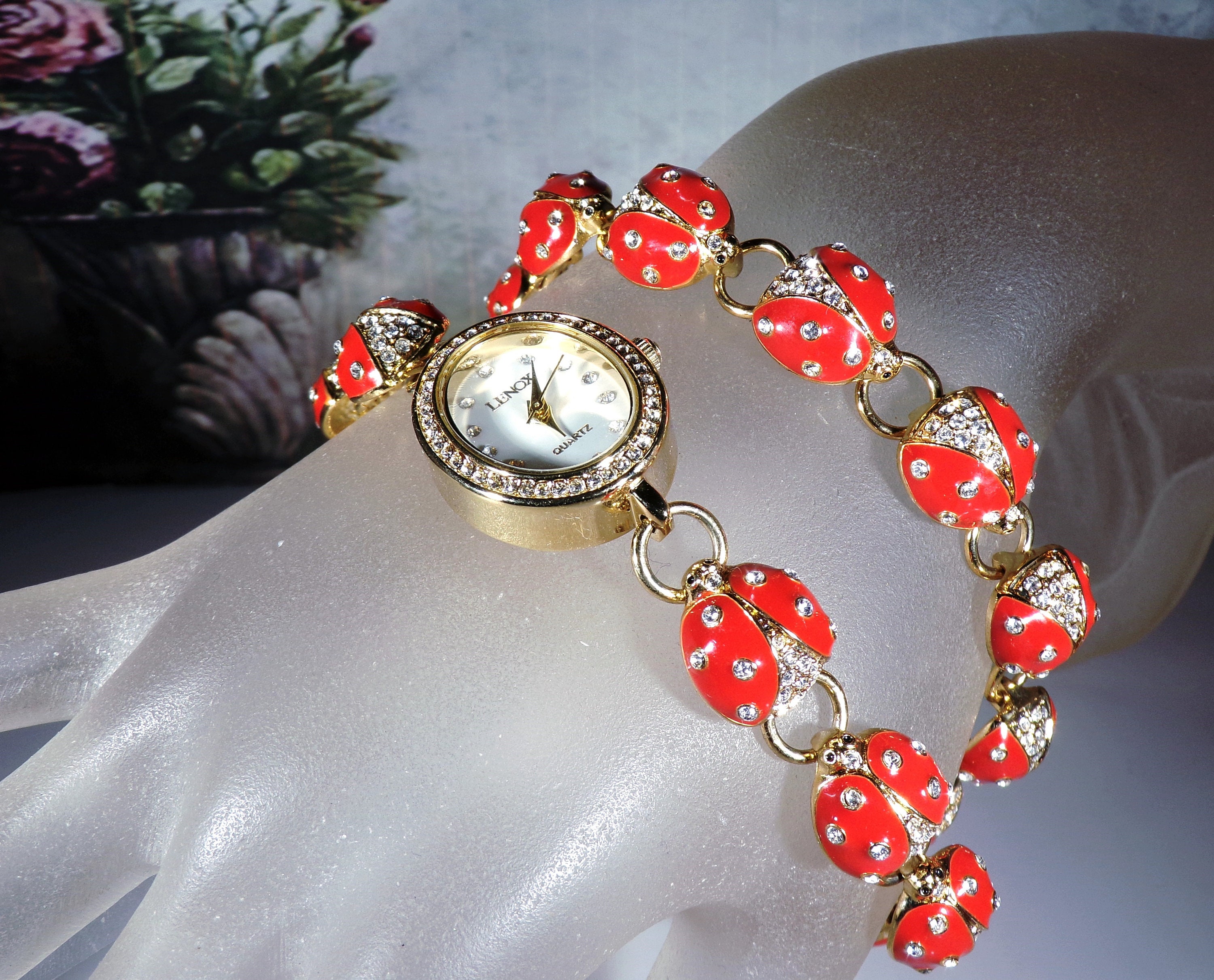 LENOX Red Enamel and Crystal Ladybug Wrist Watch with Matching Bracelet ...