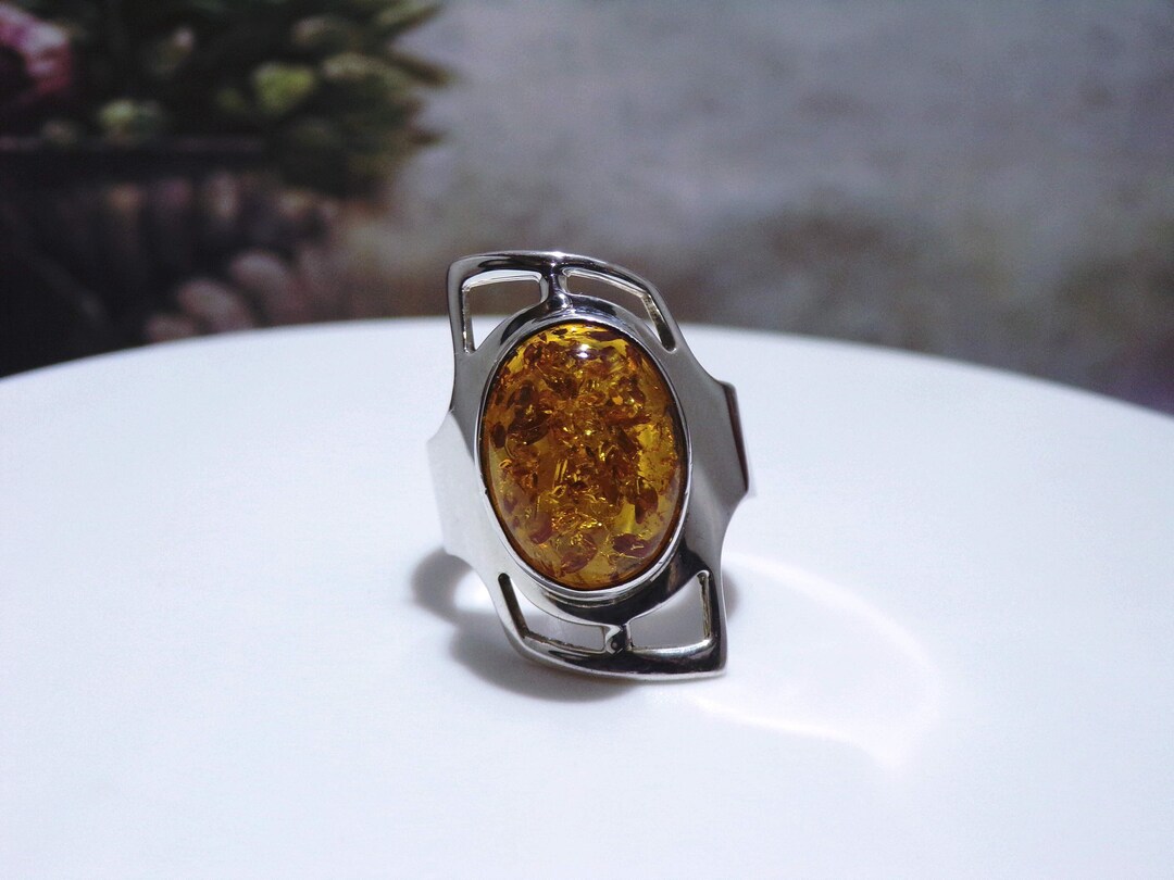 Honey Golden Amber Sterling Silver Ring: Avant Garde Cabochon - Size 9 ...
