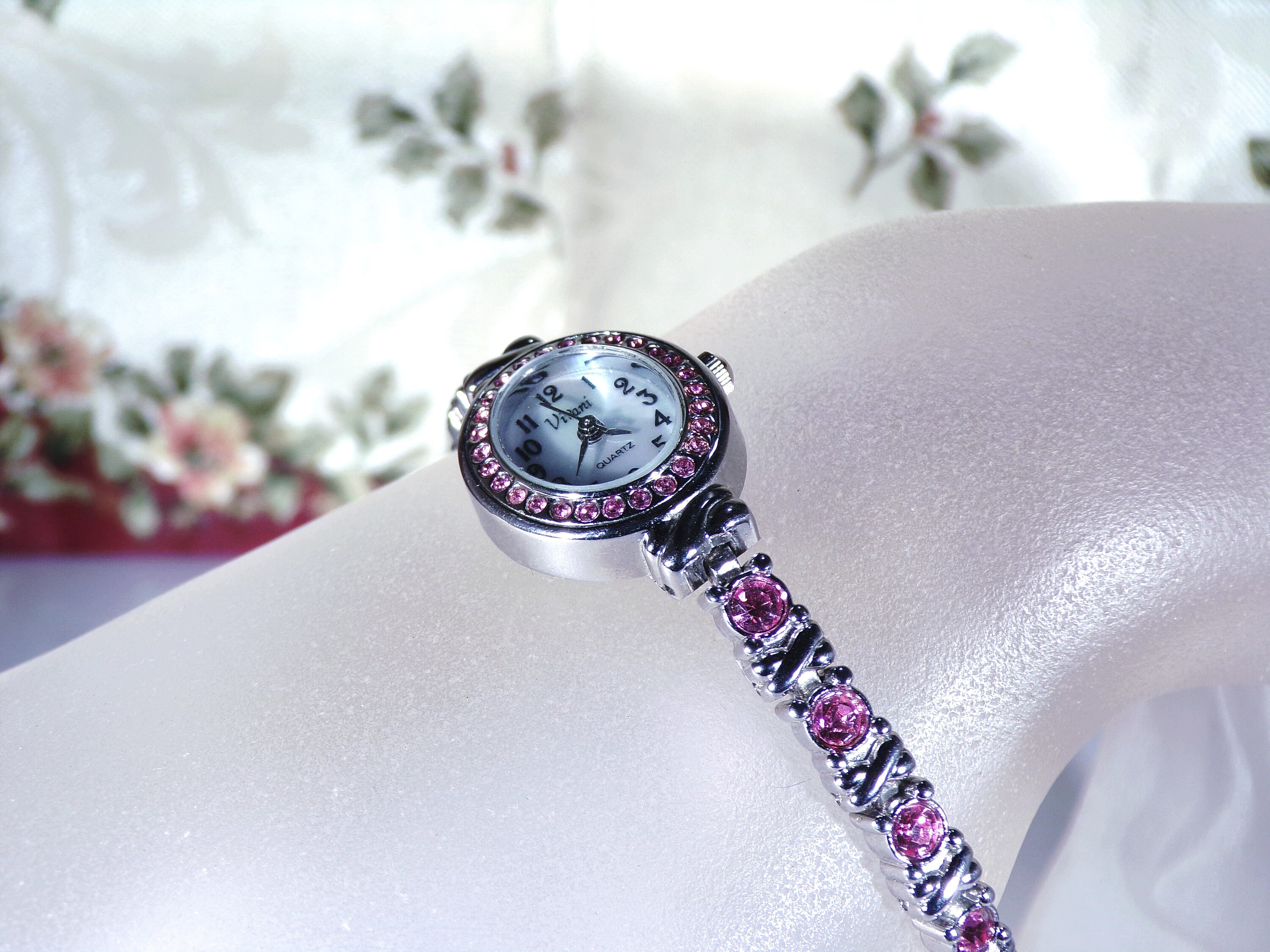 VIVANI Women’s Wrist Watch, Pink Rhinestone Watch with White Gold ...