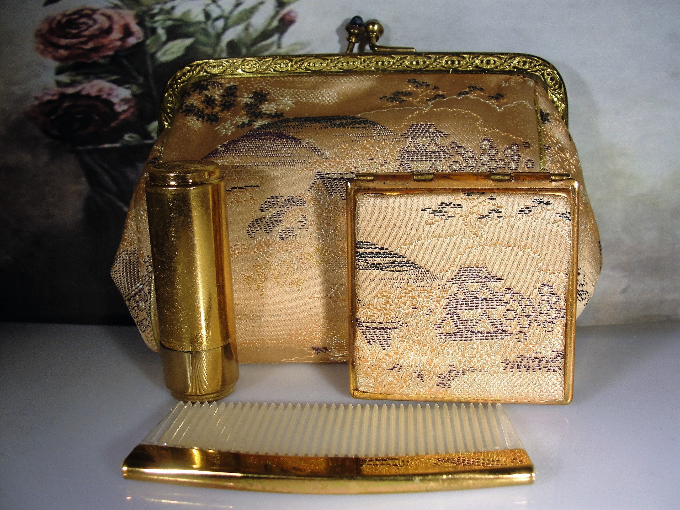 Purse Set, MAJESTIC 1950s Small Silk Gold Tone Purse and Matching ...