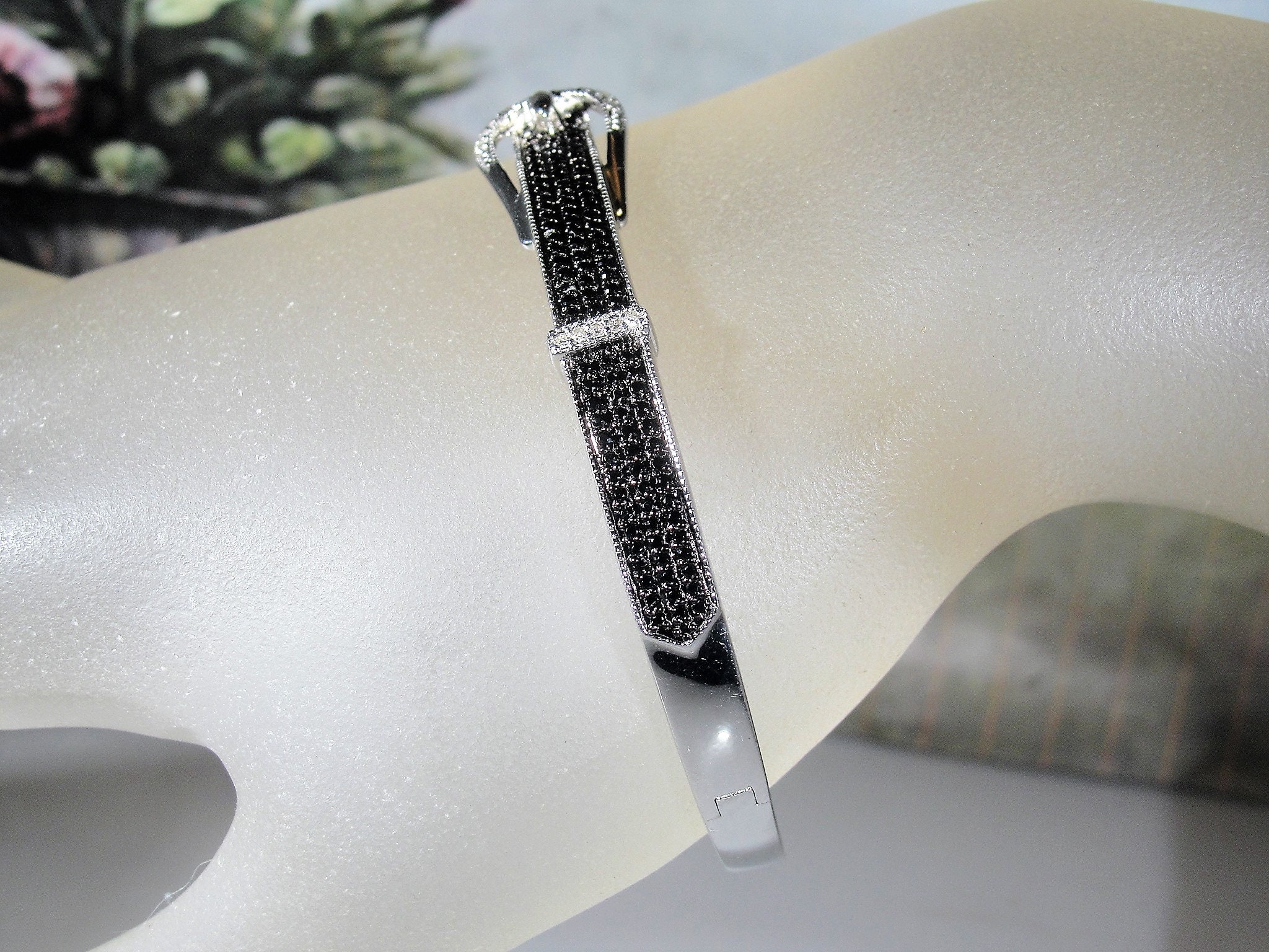 Buckle Bangle, Sterling Silver Diamond and Black Spinel Gems Buckle ...