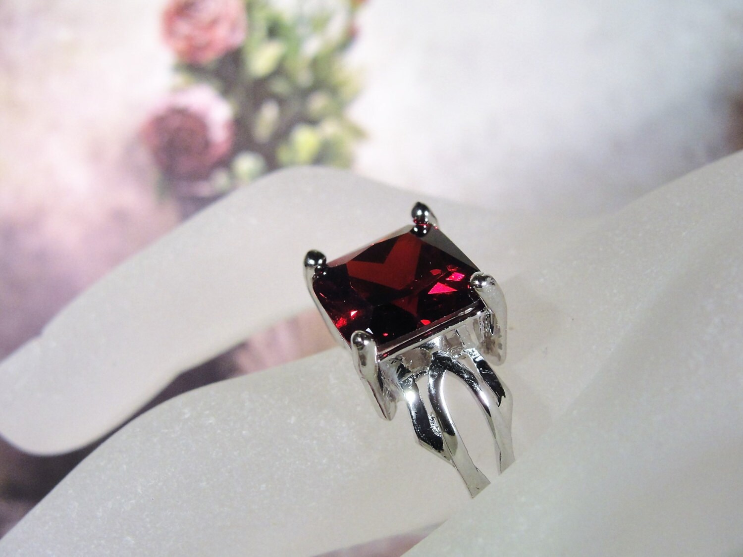 Red Square CZ Ring, Sterling Silver Ring, Square Cut Red Cubic Zirconia ...