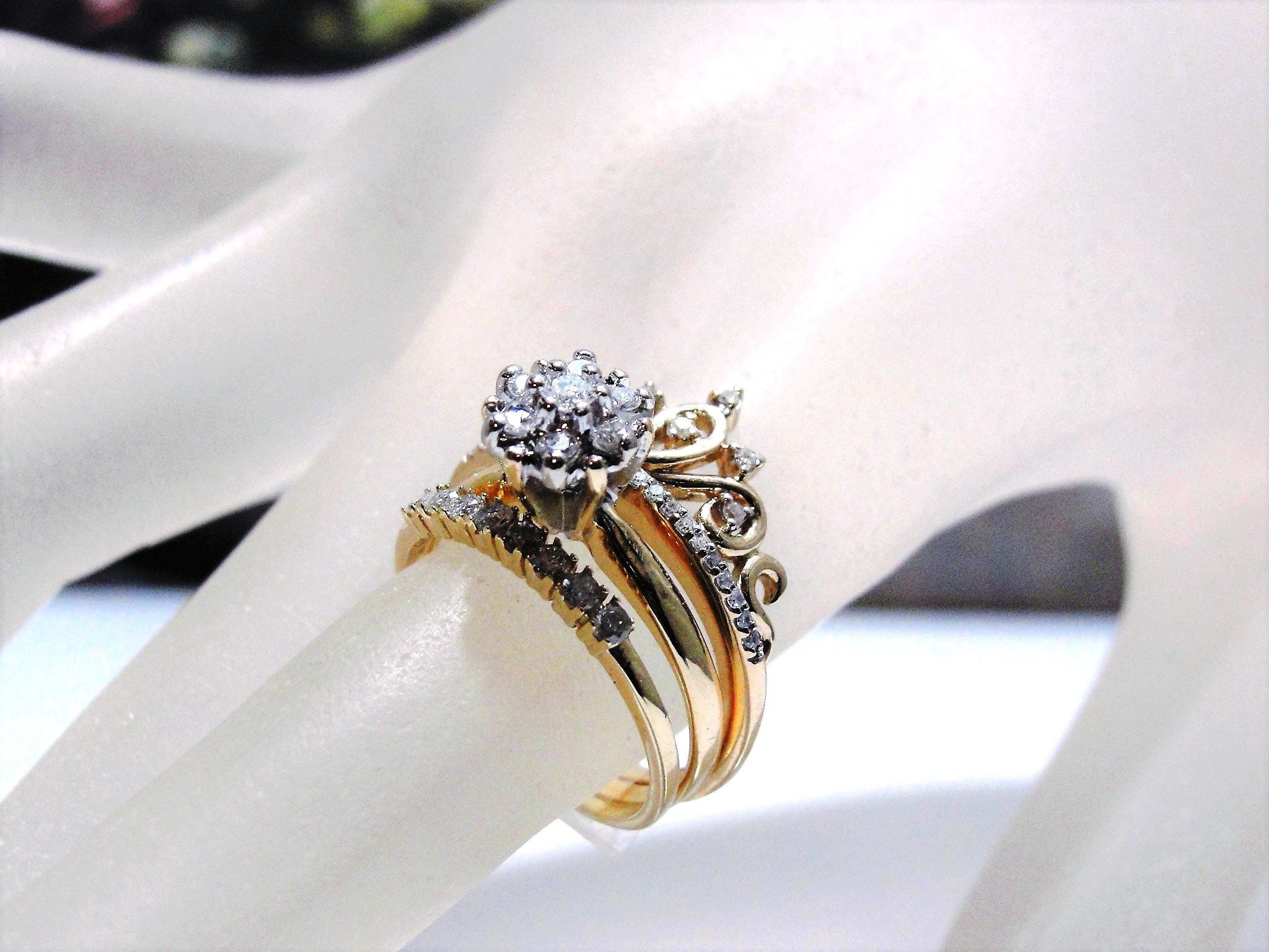 Bridal Ring Set, 14K Diamond Tiara Bridal Ring Set, Diamond Cluster ...