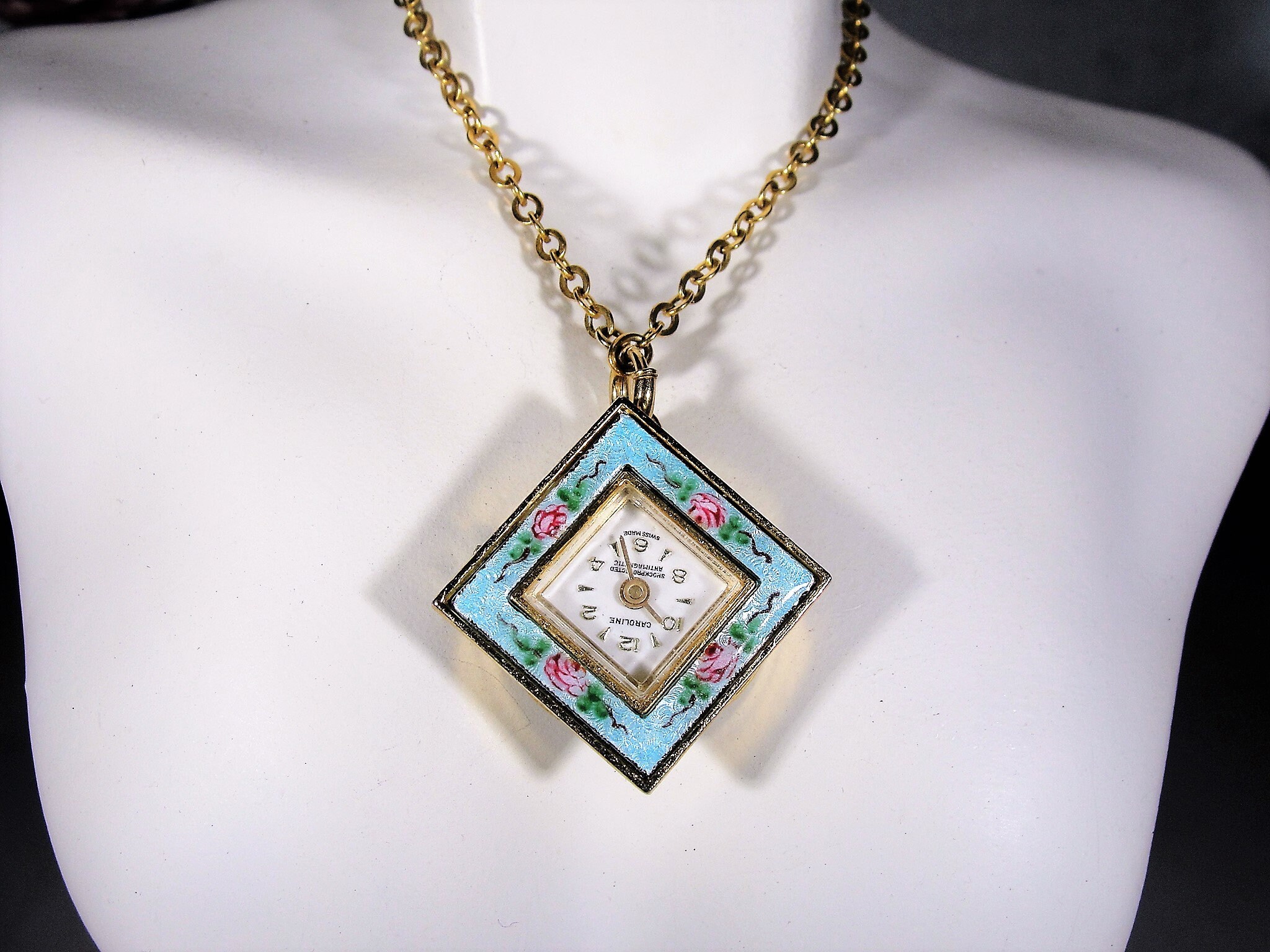 CAROLINE Watch Pendant, Tea Rose Light Blue Guilloche Pendant Watch ...