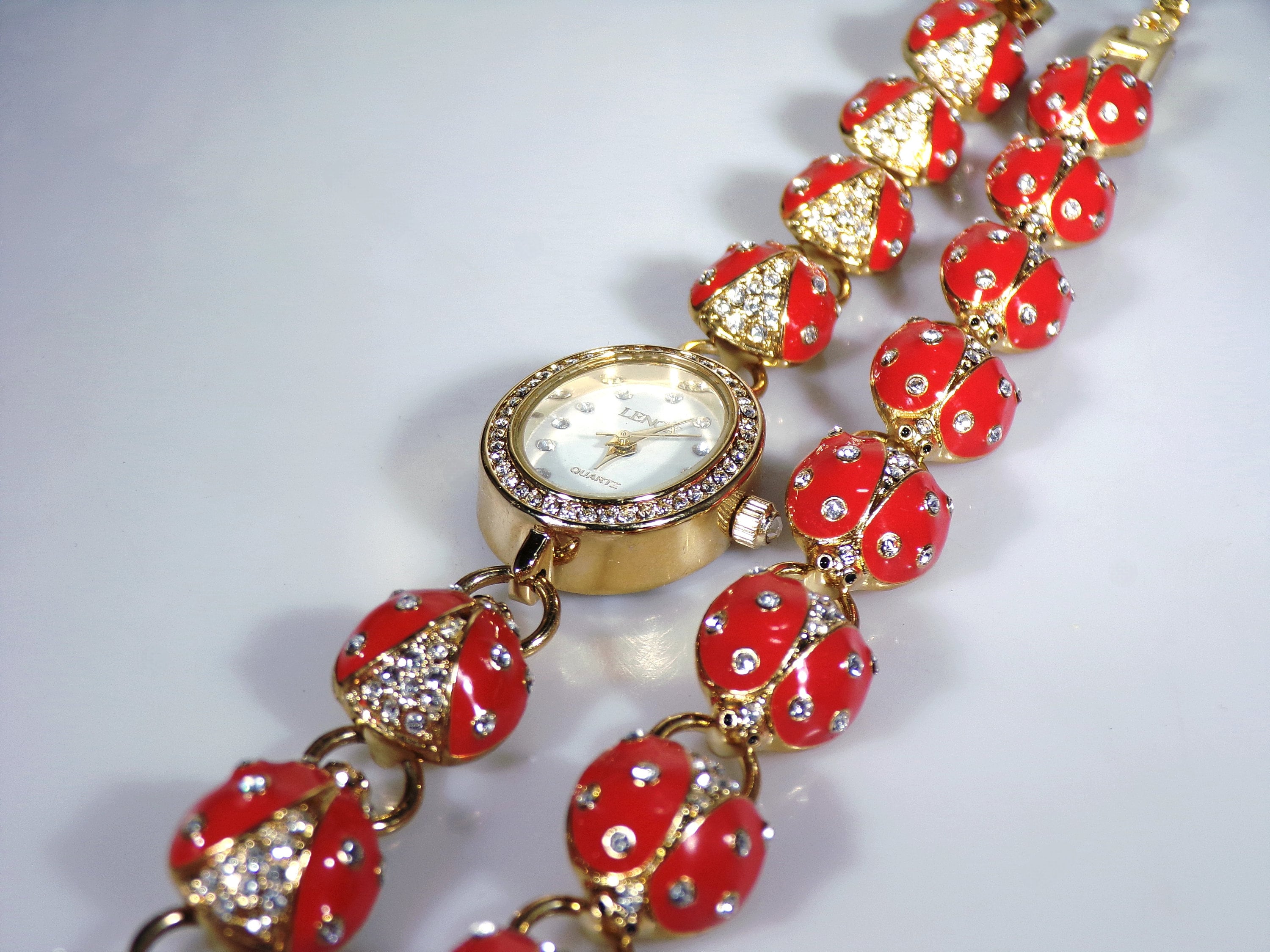 LENOX Red Enamel and Crystal Ladybug Wrist Watch with Matching Bracelet ...