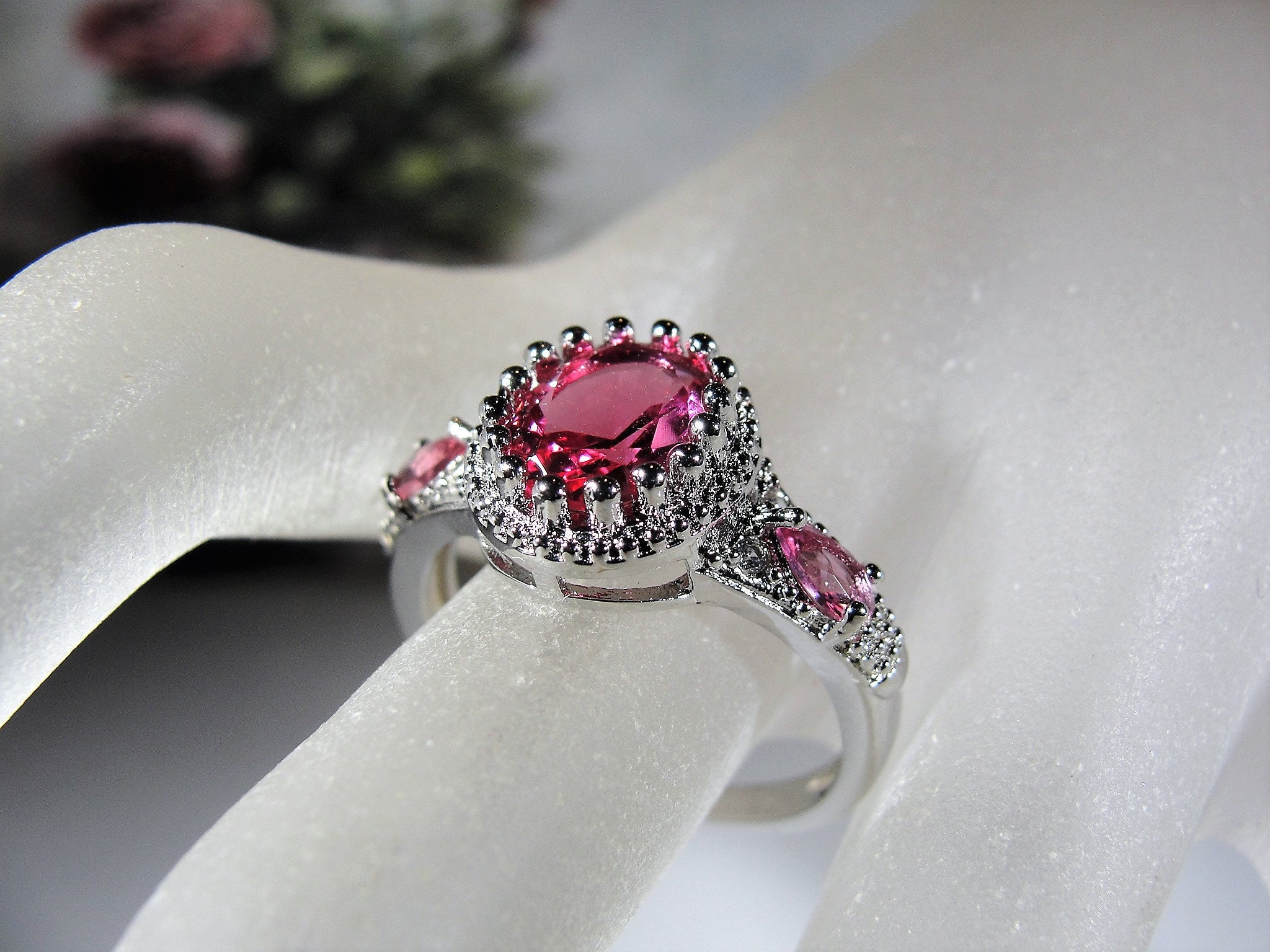 Sterling Pink Glass Ring Pink Glass Ring With A Crown Mounting And Rhodium Plating Right Hand