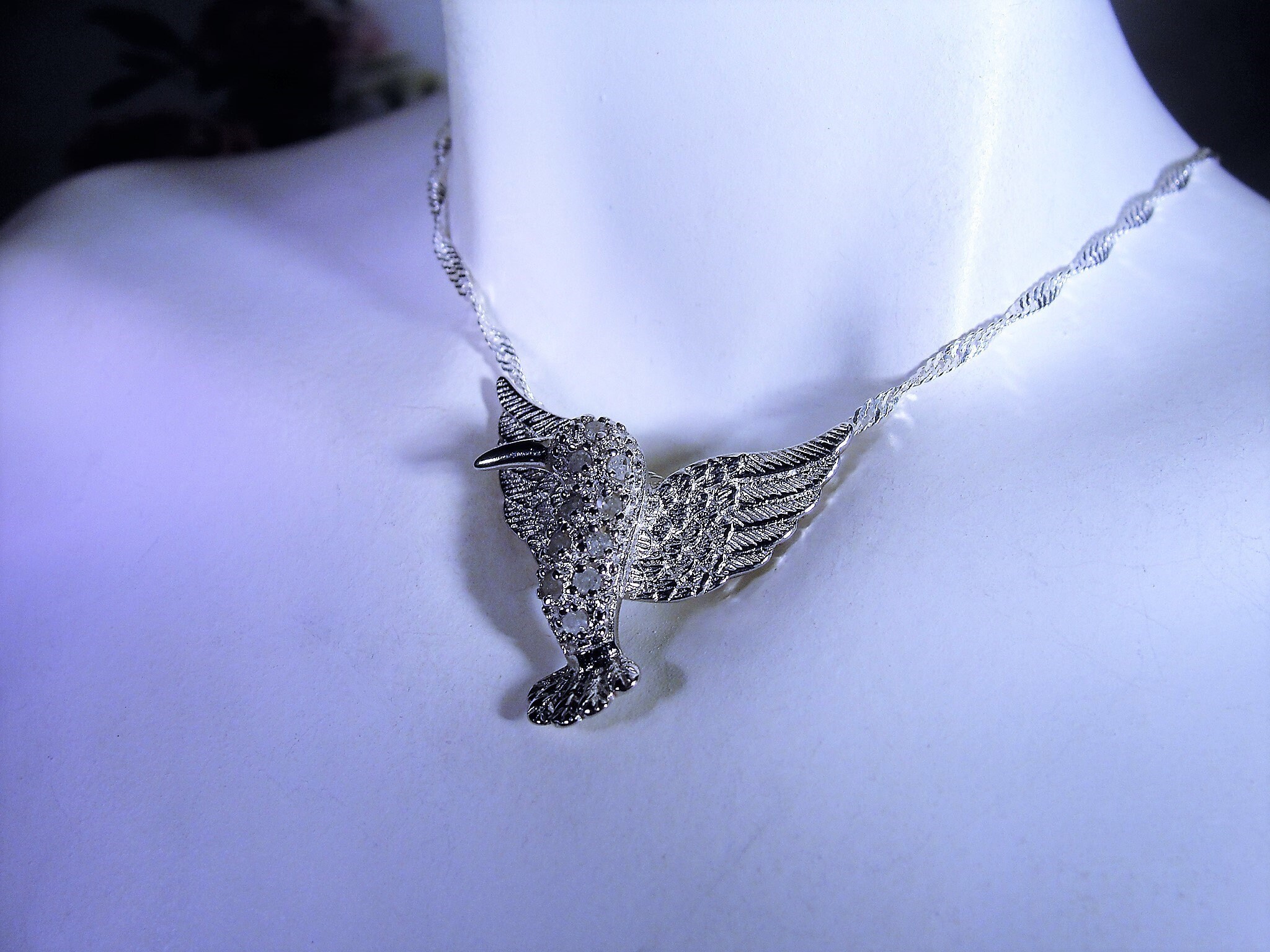 Vintage Sterling Silver Diamond Hummingbird Necklace / Pendant, .10 CTW ...