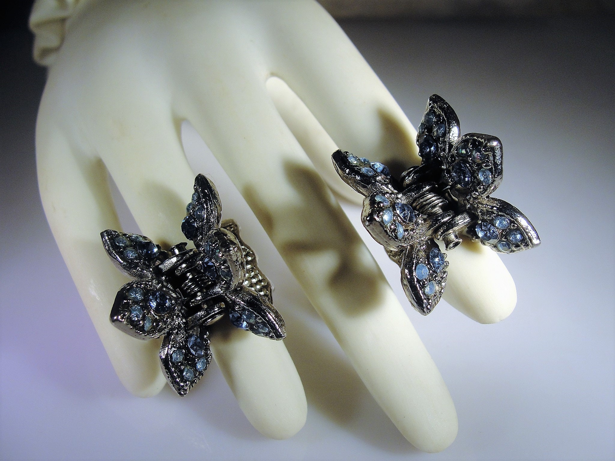 One Pair of Blue Rhinestone Silver Tone Mini Hair Claws, Butterfly Hair ...