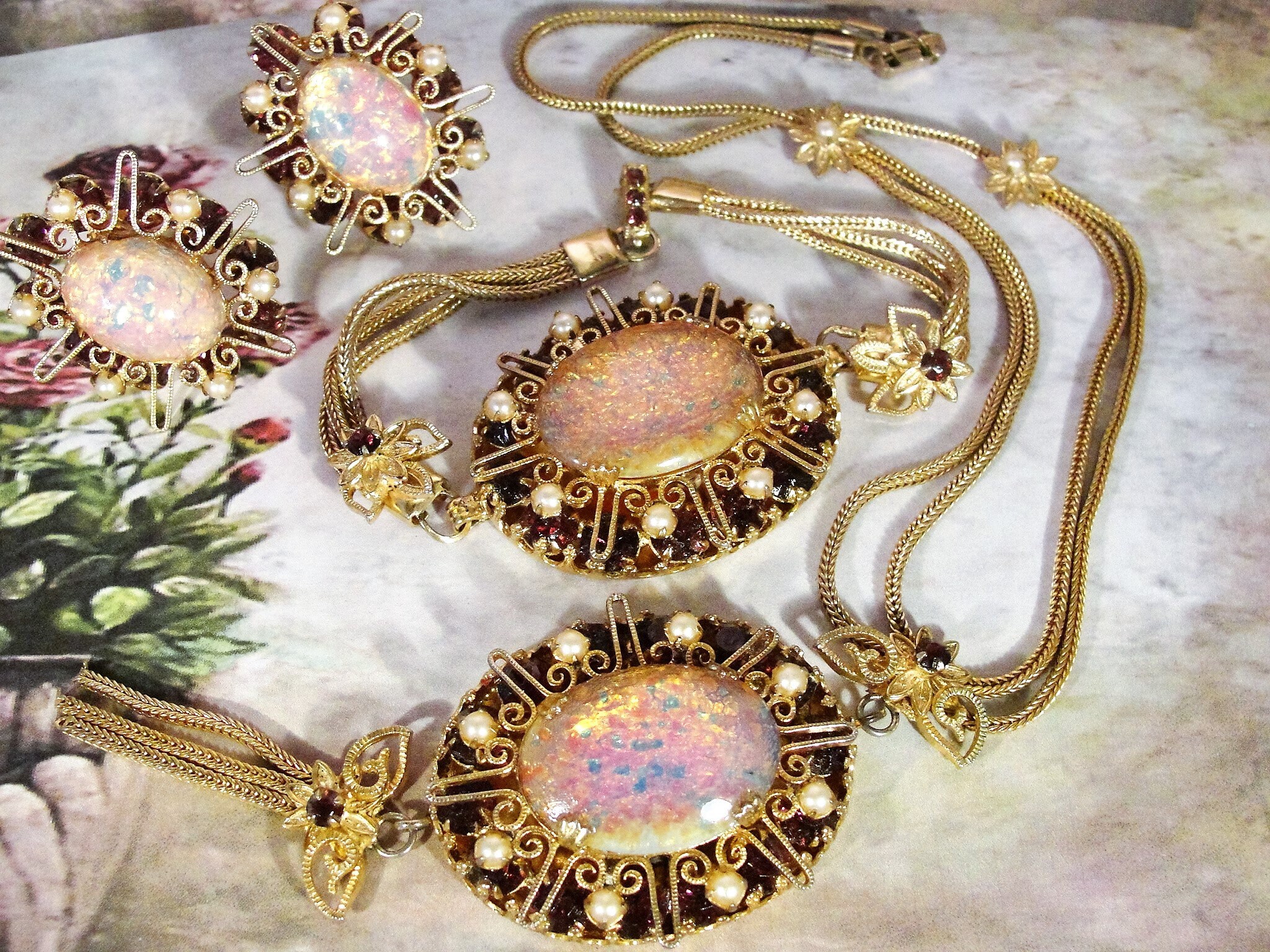 Victorian Jewelry Set, Pink Faux Opal Cabochons, Amethyst Rhinestones ...