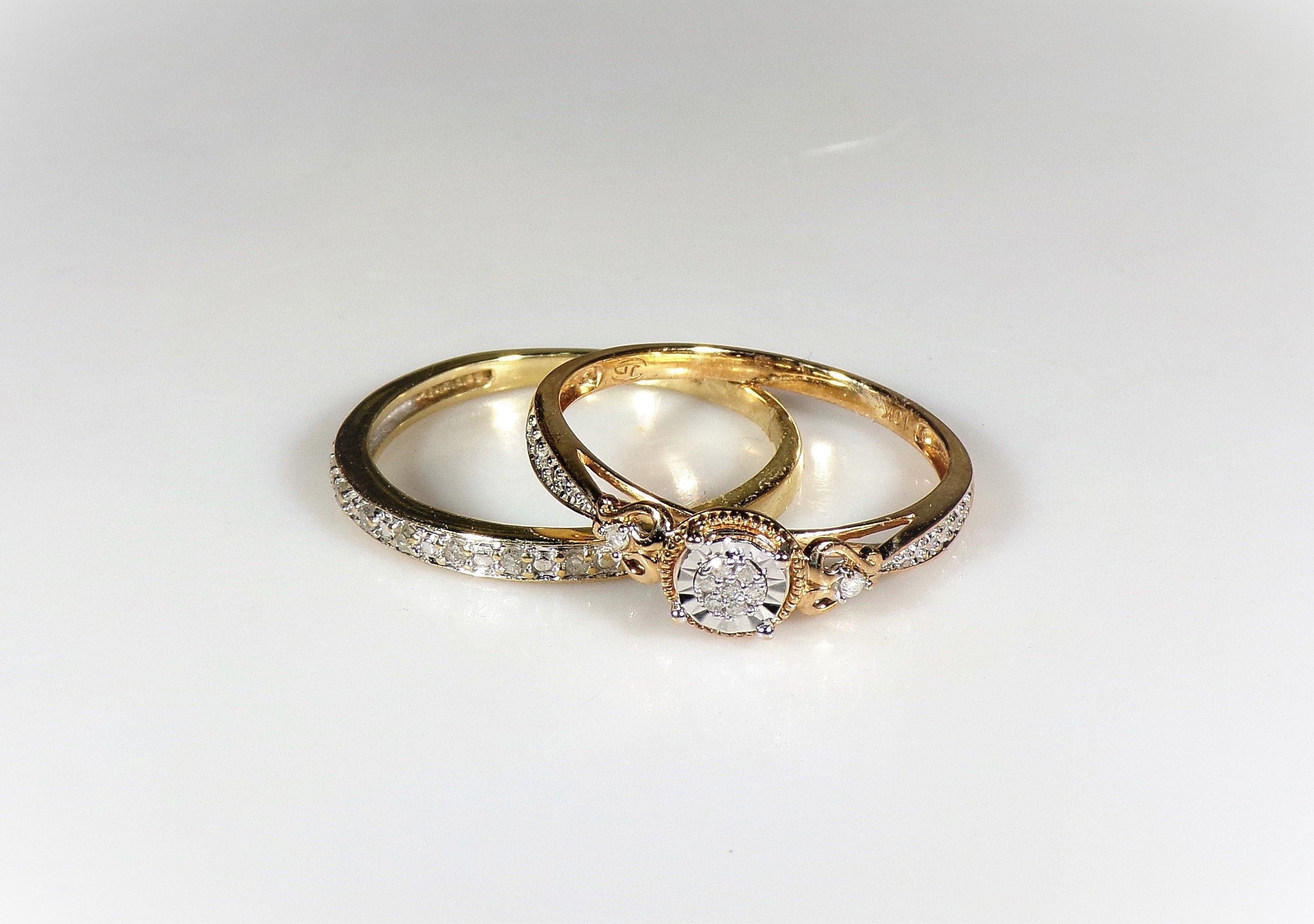 Bridal Ring Set, Vintage 10K Yellow Gold Genuine Diamond Cluster Ring ...