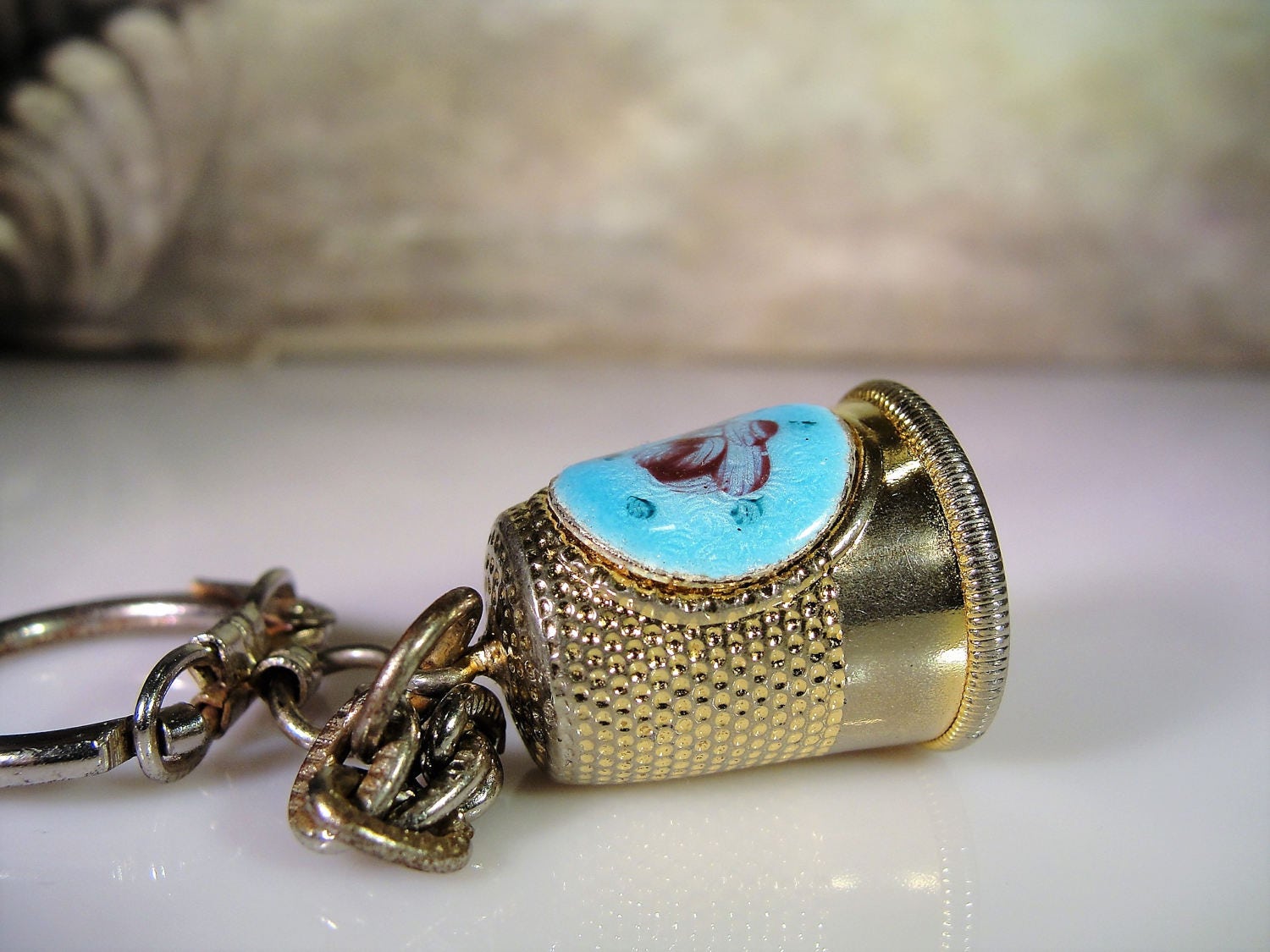 Thimble Key Ring, Guilloche Thimble, Thimble Charm, Gold Gilt Thimble ...