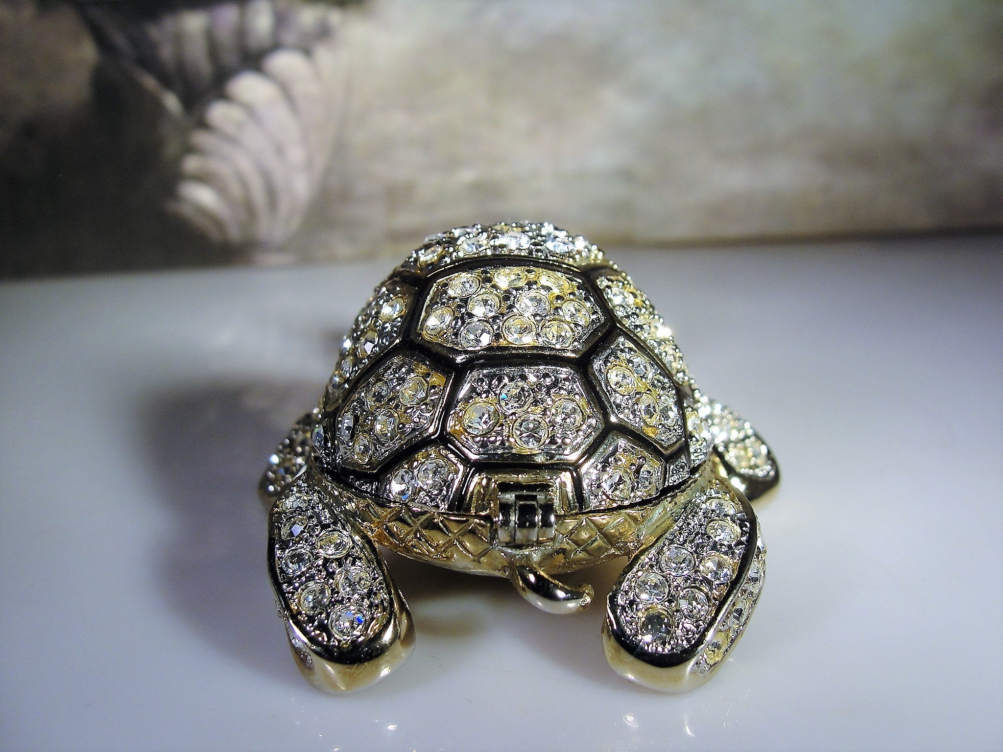 Rhinestone Encrusted Gold Guilt Magnetic Turtle Trinket Box, Ring ...