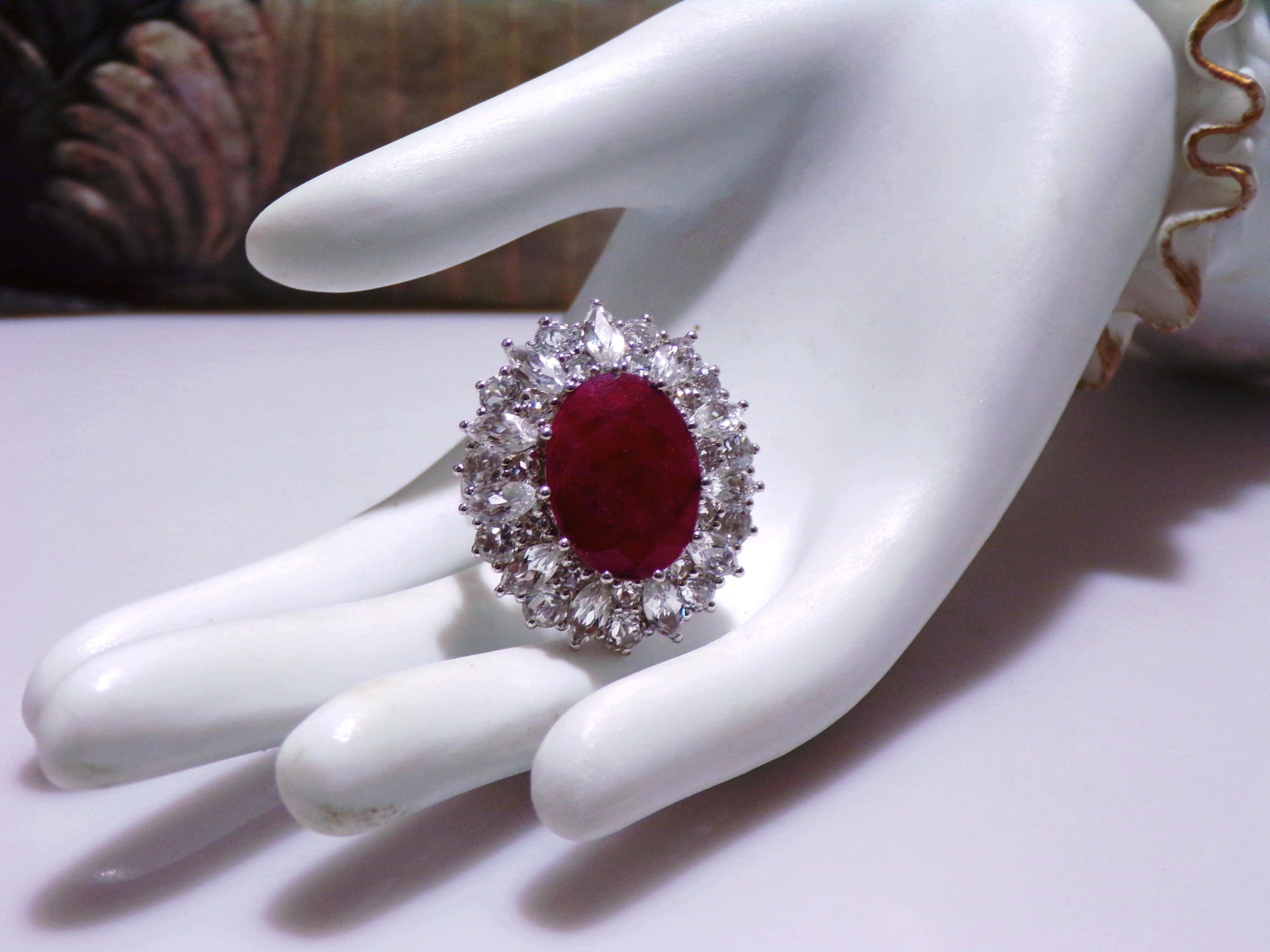 BIG BLING! Large Indian Ruby & CZs Sterling Silver Ring, Princess Diana ...