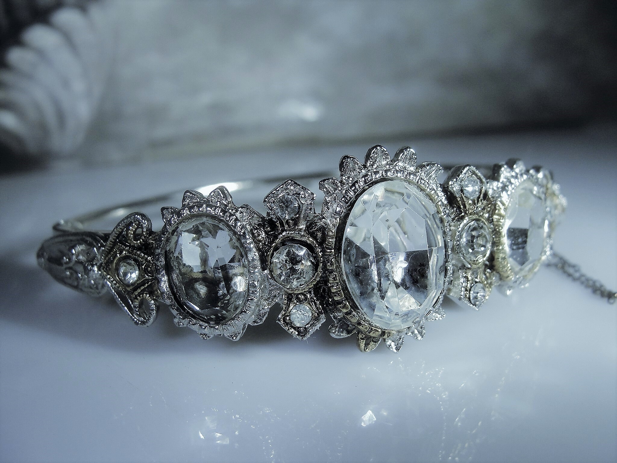 Victorian Style Rhinestone Silver Tone Bangle, Gold Foil Rhinestone ...