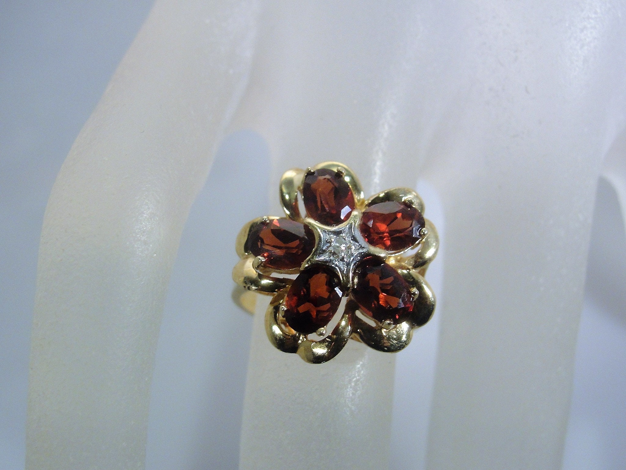 10K Garnet Diamond Ring, Garnet Flower Ring, Red Garnet Ring, Flower ...