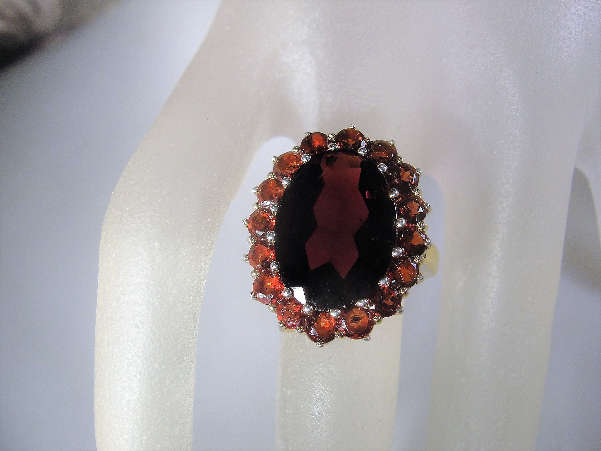 Gold Vermeil and Sterling Silver 7 Carat Garnet Cocktail Ring, Vintage ...