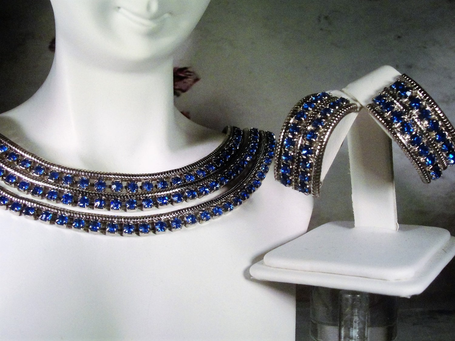 KRAMER Jewelry Set, Blue Rhinestone Set, Necklace & Earrings Set ...