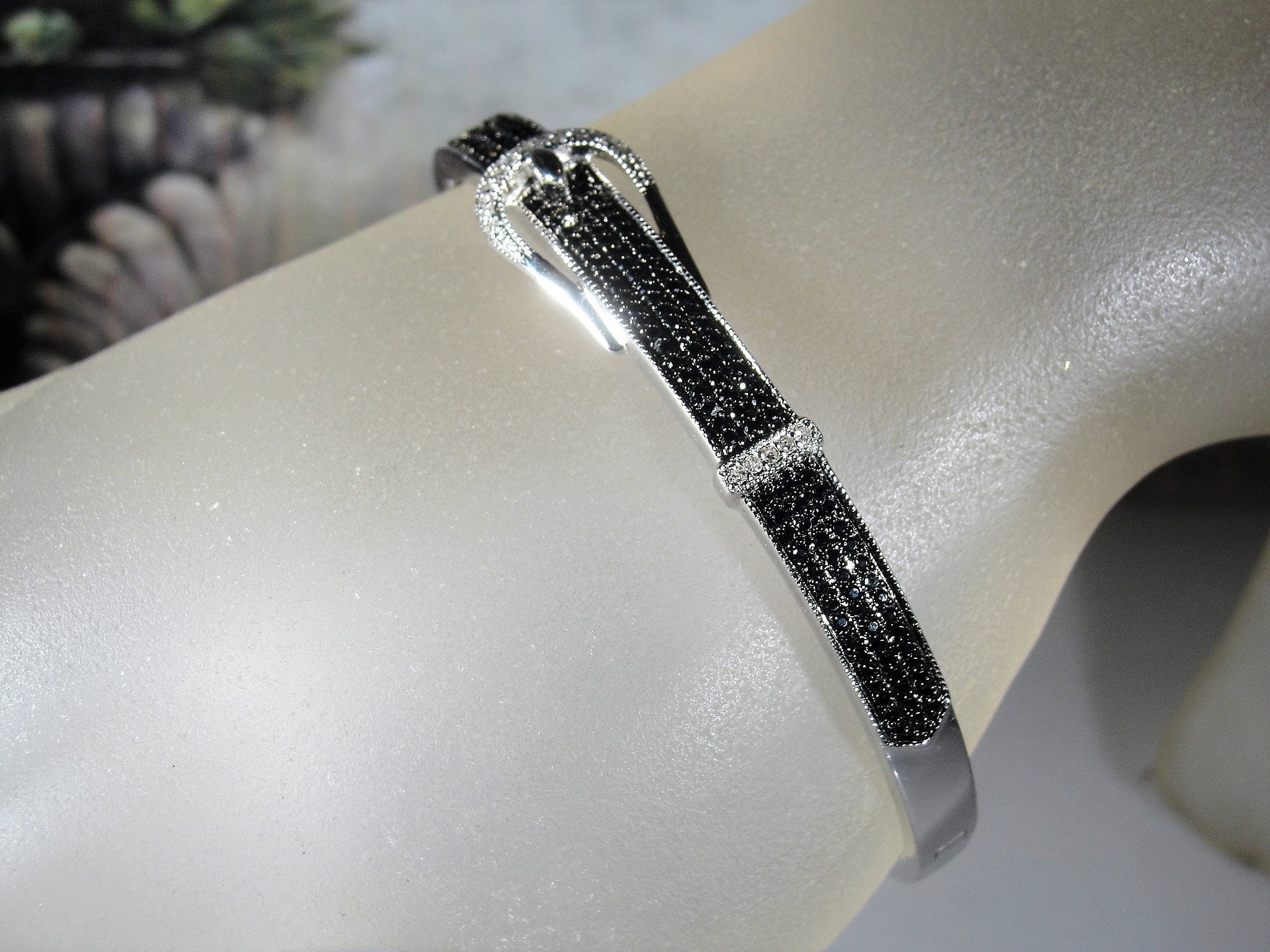 Buckle Bangle, Sterling Silver Diamond and Black Spinel Gems Buckle ...