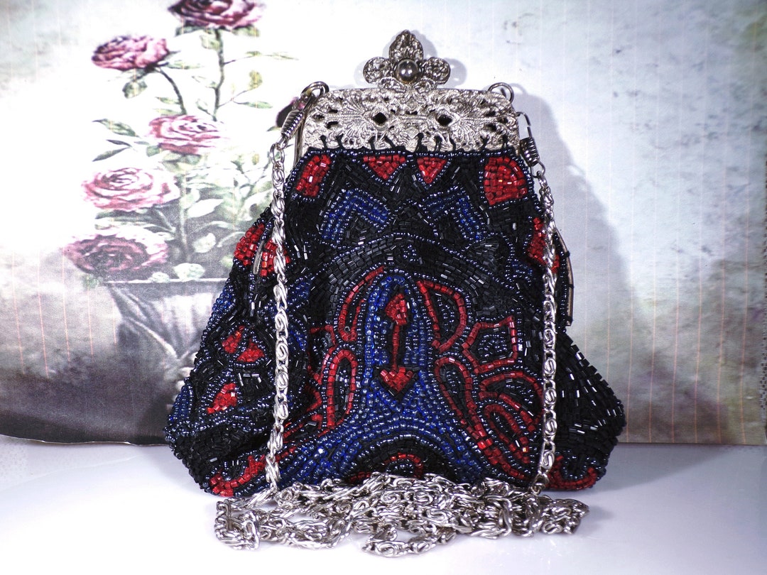 Beaded Purse, Victorian Revival Black Blue and Dark Red Beaded Evening ...