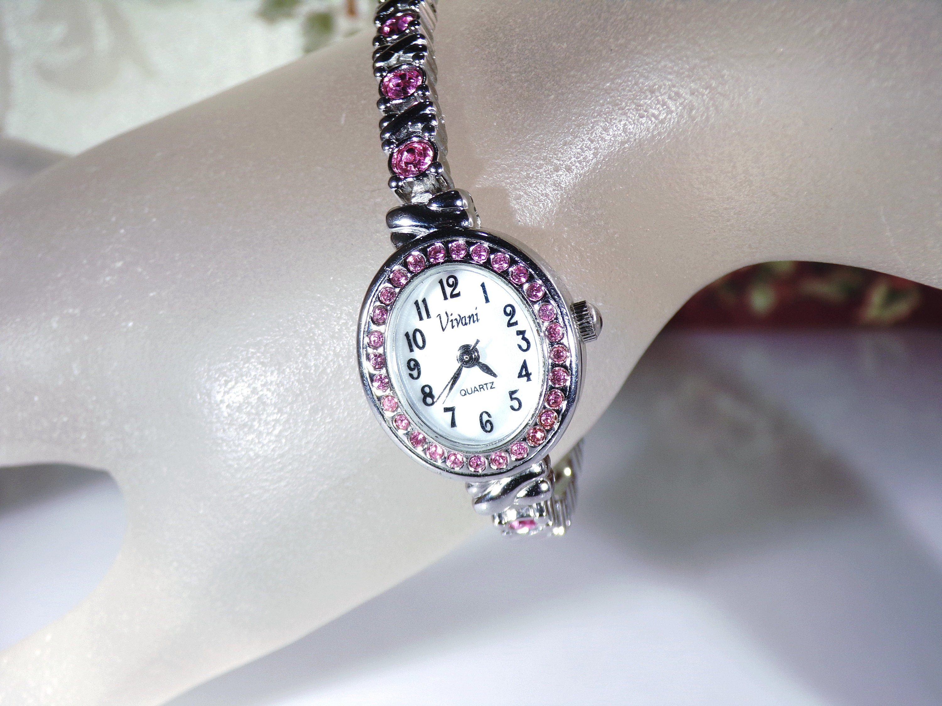 VIVANI Women’s Wrist Watch, Pink Rhinestone Watch with White Gold ...