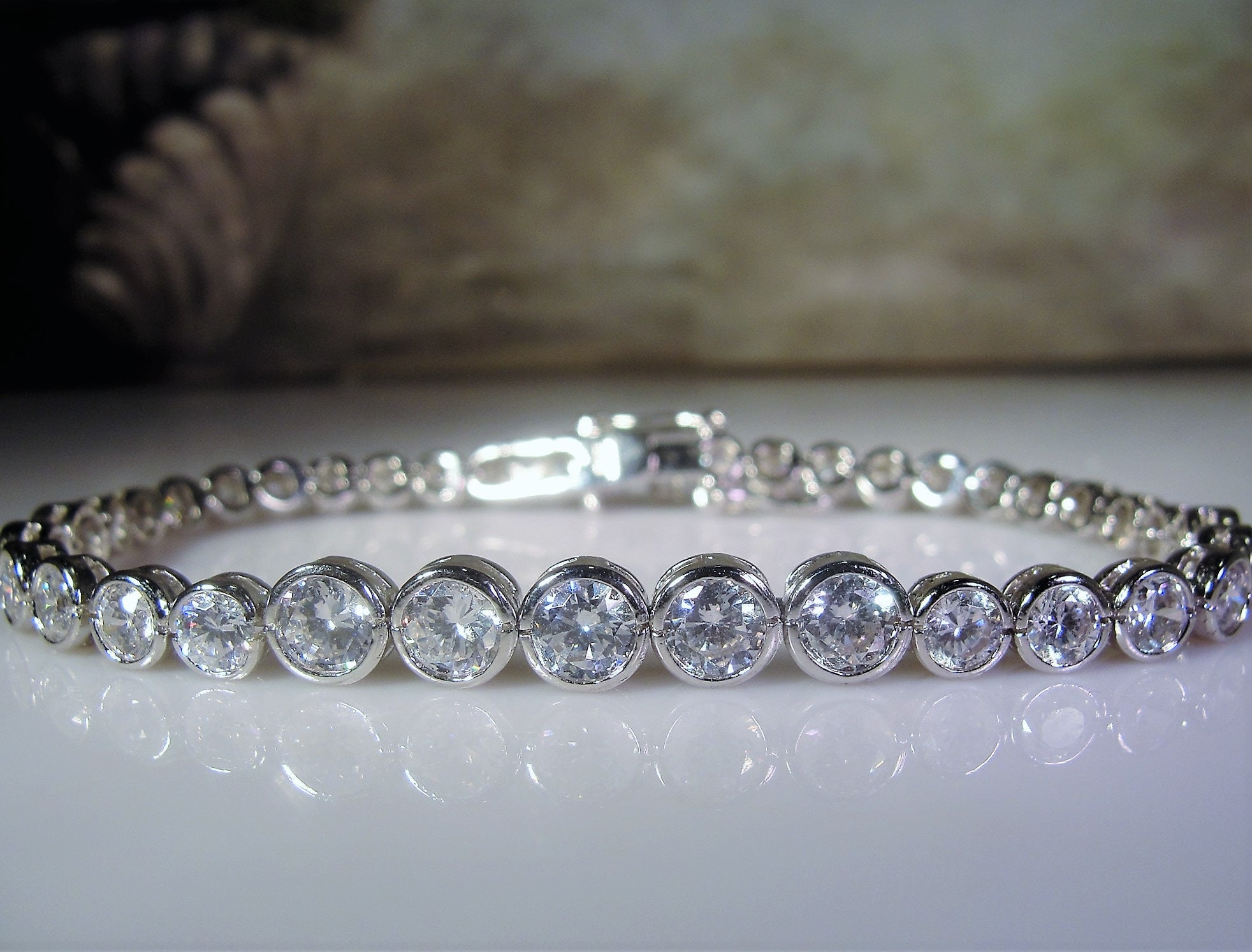 Sterling Silver CZ Bracelet, Tennis Bracelet, Bezel Set CZs, 925 ...