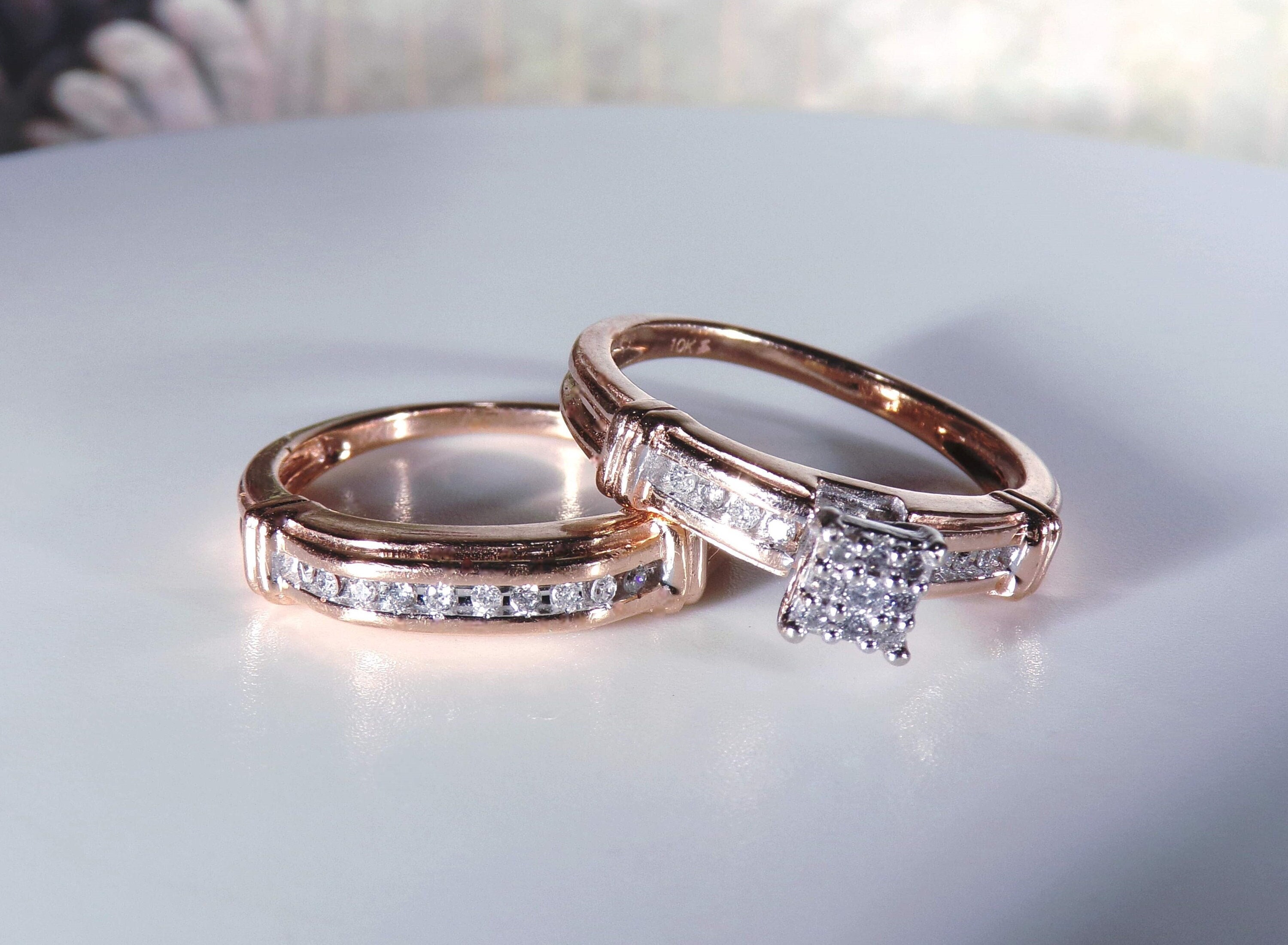 10K Rose Gold Diamond Bridal Ring Set, Diamond Engagement and Wedding ...