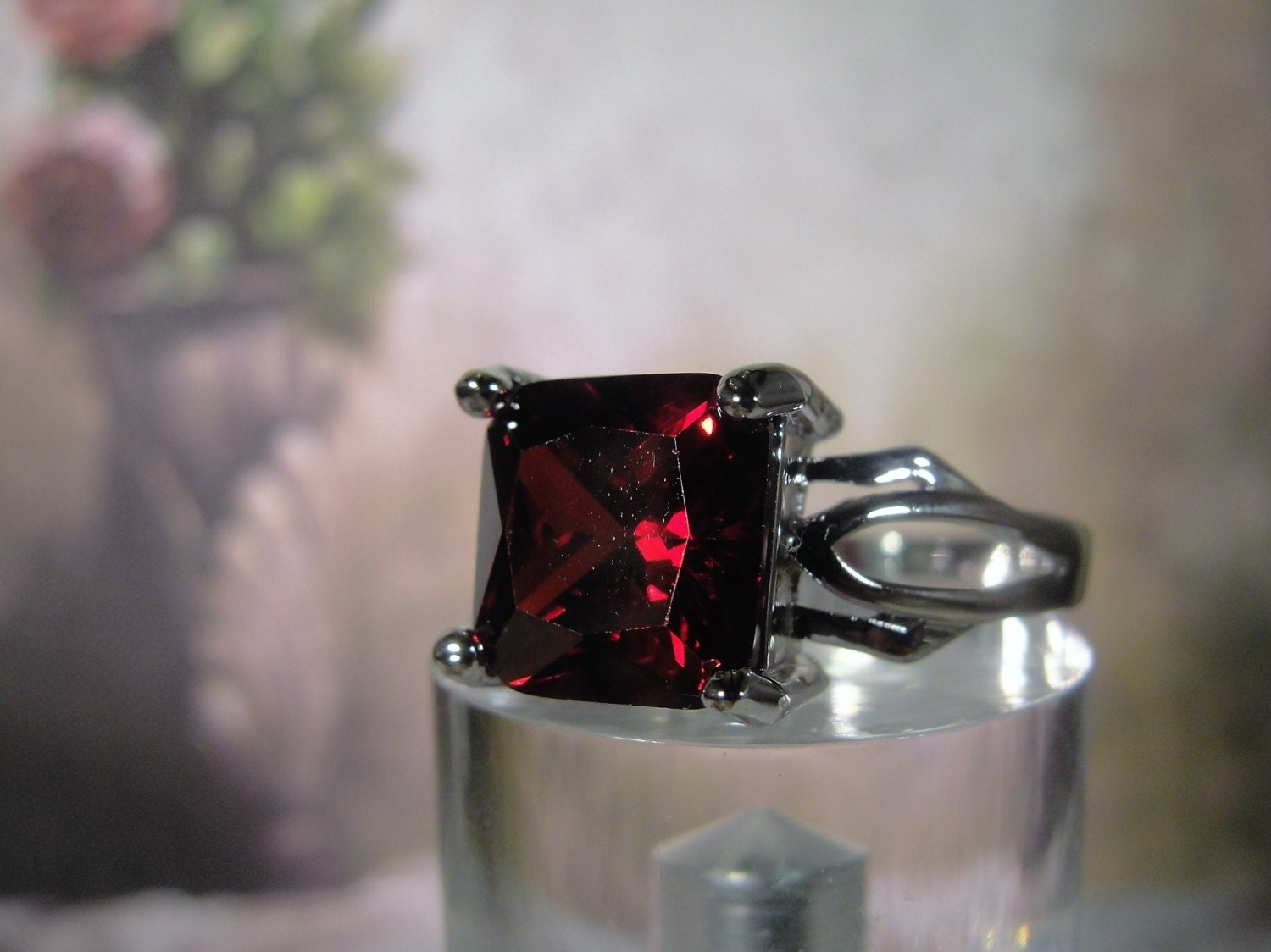 Red Square CZ Ring, Sterling Silver Ring, Square Cut Red Cubic Zirconia ...