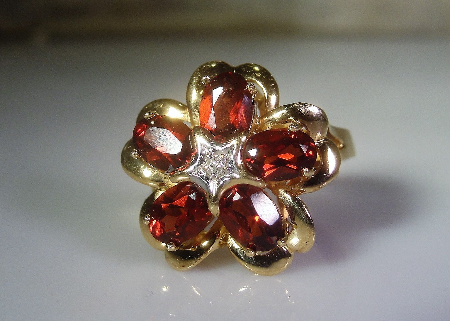 10K Garnet Diamond Ring, Garnet Flower Ring, Red Garnet Ring, Flower ...