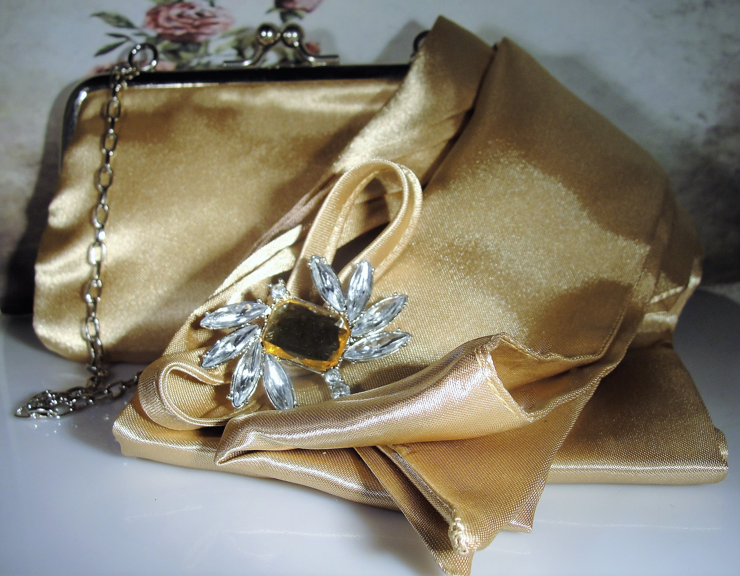 Purse Set, Vintage Gold Satin Purse with Matching Sash Scarf and Brooch Set