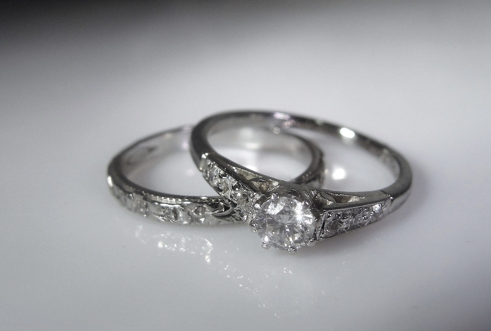 Victorian Platinum & 18K White Gold Bridal Ring Set, Diamond Engagement ...