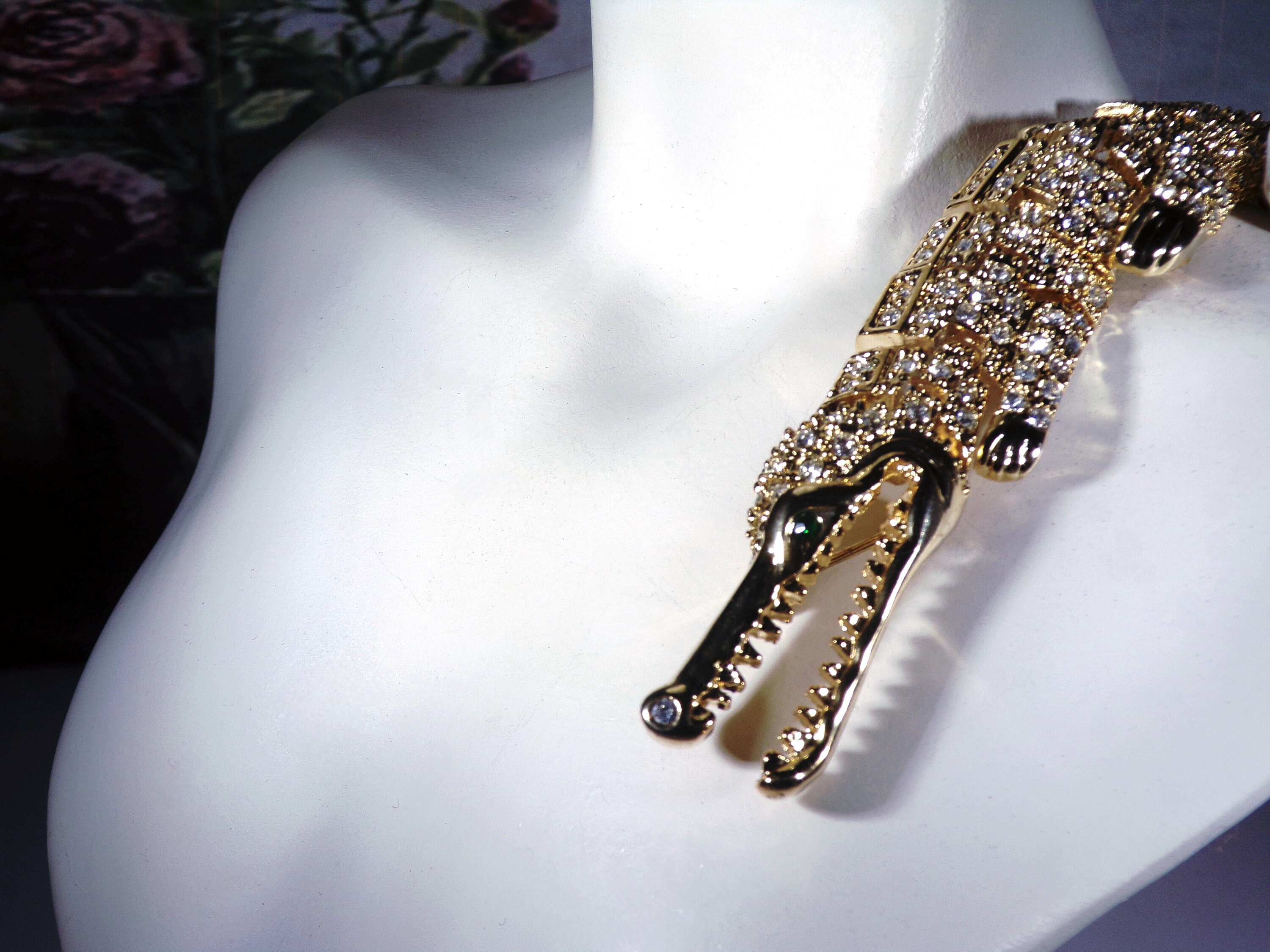 Rhinestone Encrusted Alligator Shoulder Brooch, 5 Inches Long ...