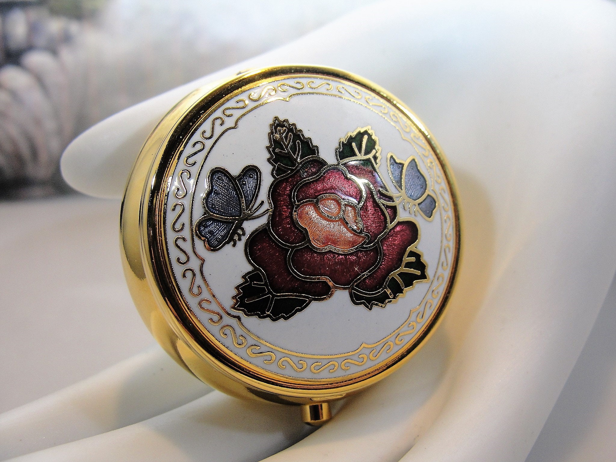 Cloisonné Pill Box, Rose and Butterfly Cloisonné Enamel Pill Box ...