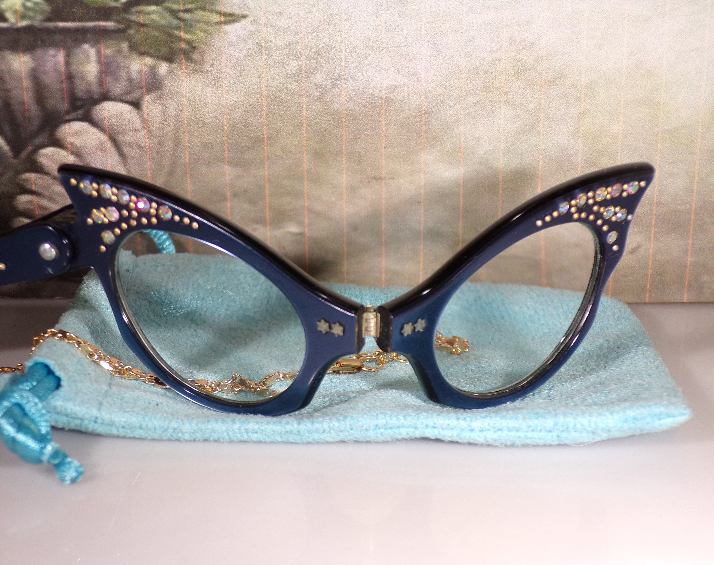 HONK KONG Dark Blue Celluloid Cat Eye Lorgnettes with Aurora Borealis ...