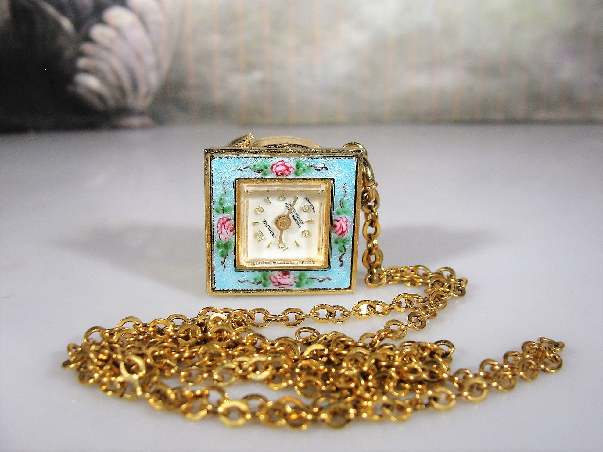 CAROLINE Watch Pendant, Tea Rose Light Blue Guilloche Pendant Watch ...