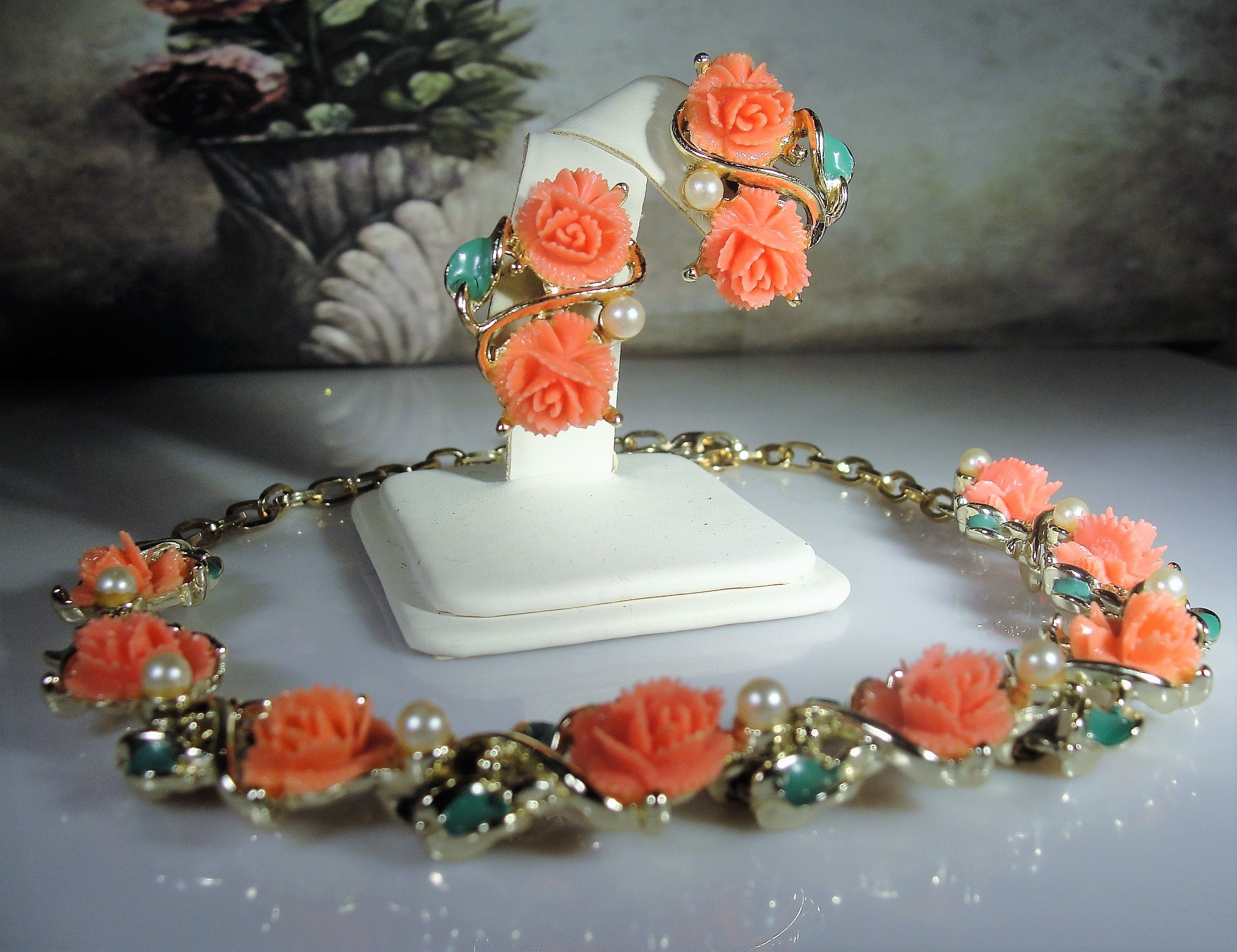 Midcentury Celluloid Coral Rose Jewelry Set, Pinkish Orange Roses ...