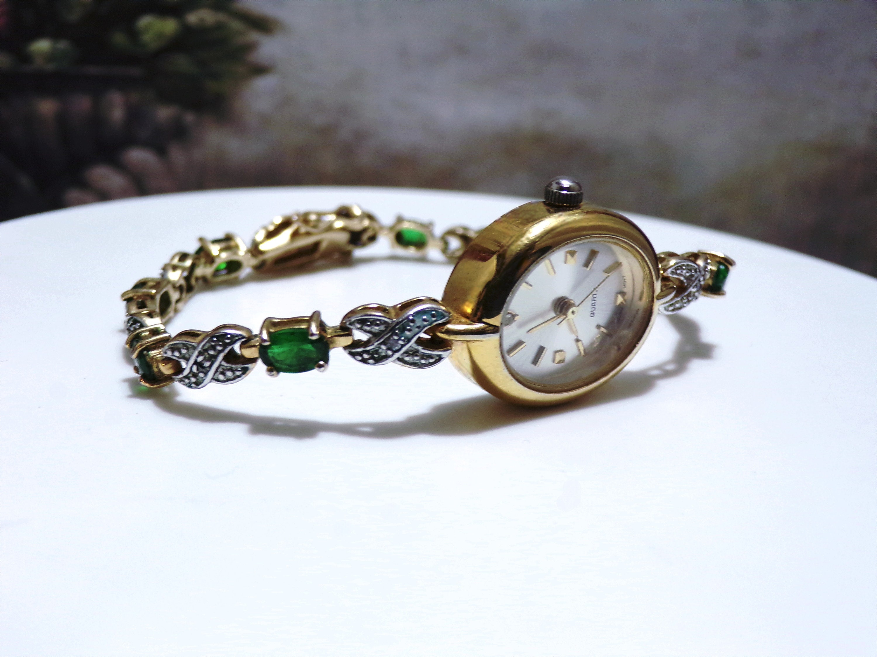 Women’s Wrist Watch, Vintage Green Emerald Quartz and Diamond Wrist ...