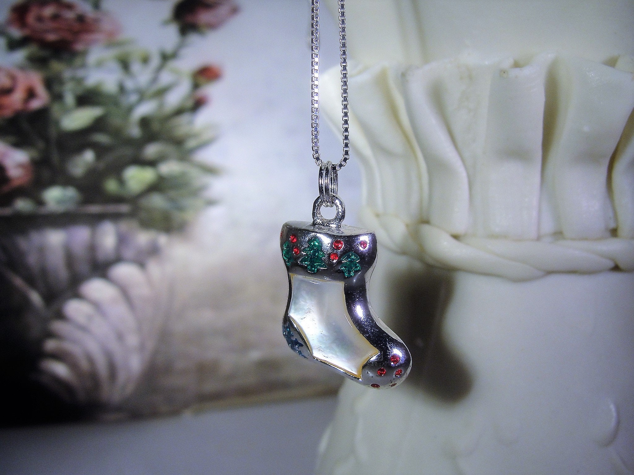 Sterling Silver Mother of Pearl Christmas Stocking Charm and Chain ...