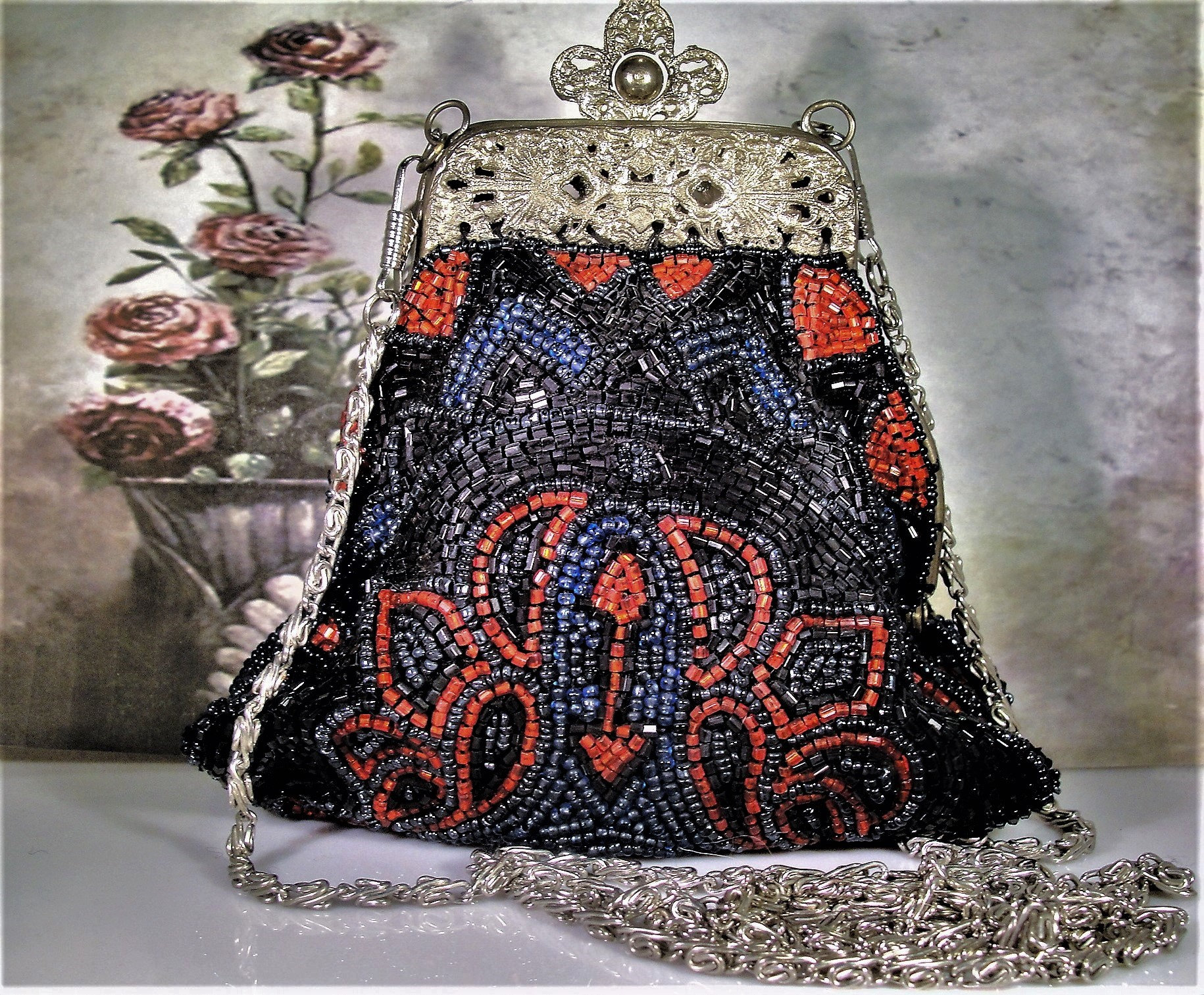 Beaded Purse, Victorian Revival Black Blue and Dark Red Beaded Evening ...